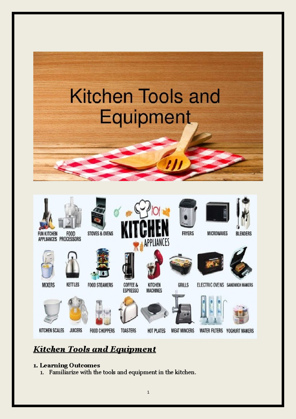Topic 3 Handouts - sfasfasfsafasfsa - Kitchen Tools and Equipment 1 ...