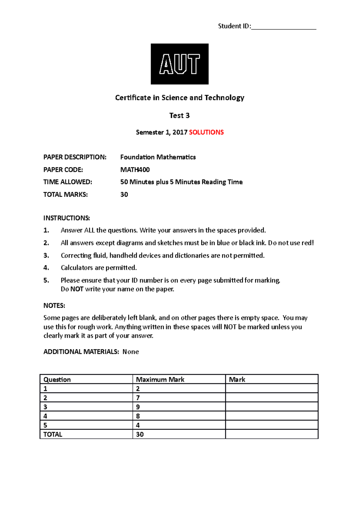 Test 2017 s1 test 3, questions and answers - Certificate in Science and ...