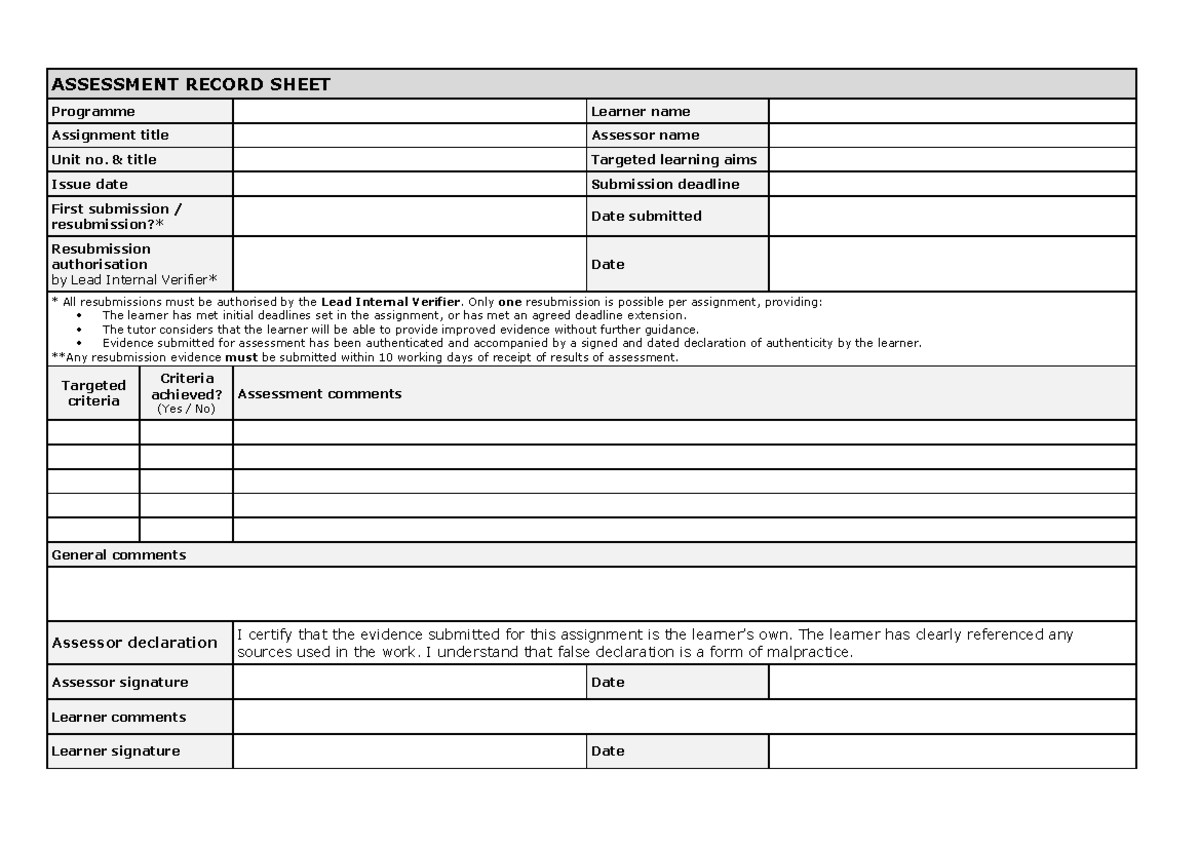 Assessment Record - btec checklist - ASSESSMENT RECORD SHEET Programme ...