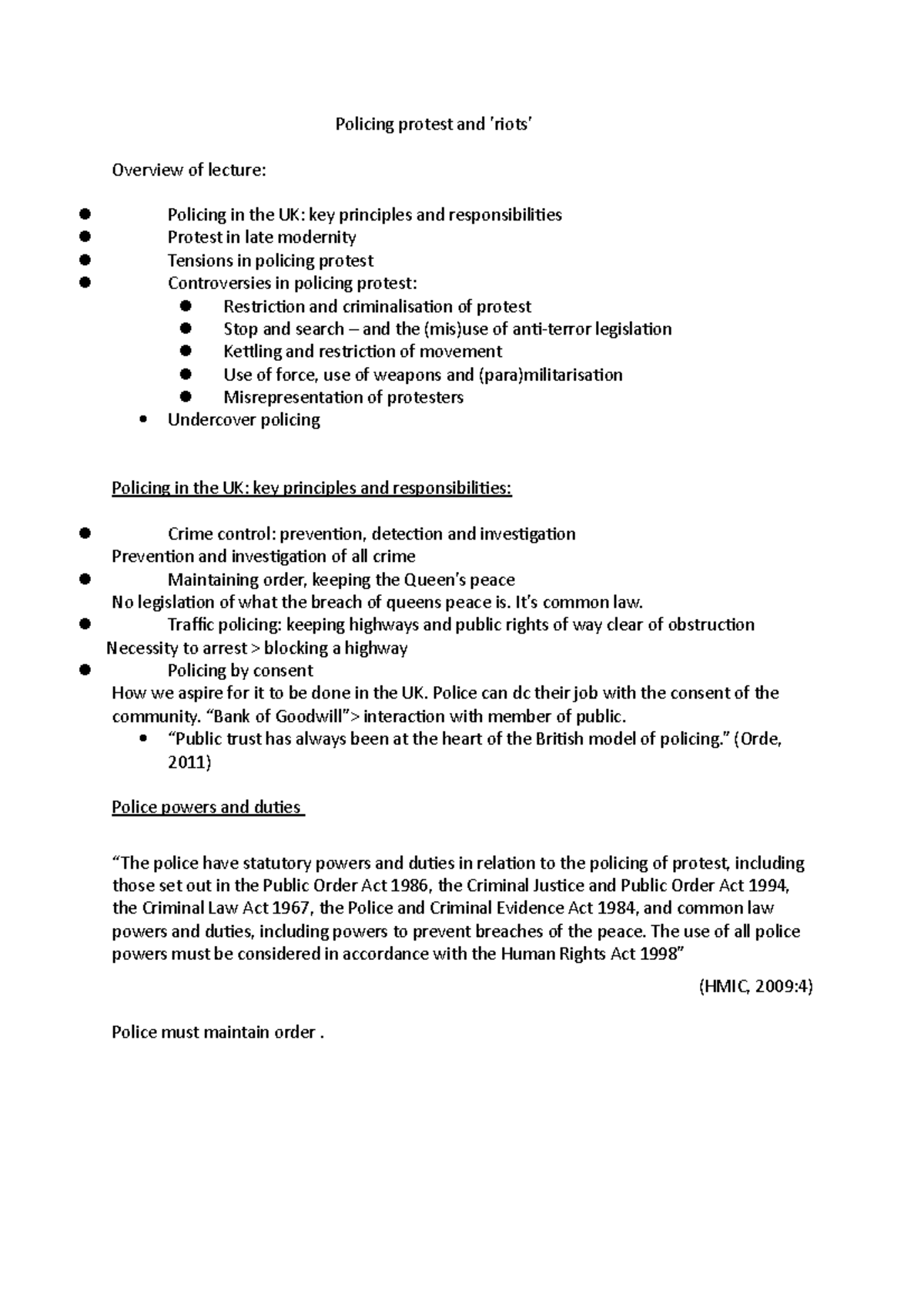 Policing protest and ‘riots’ - Policing protest and ’riots’ Overview of ...