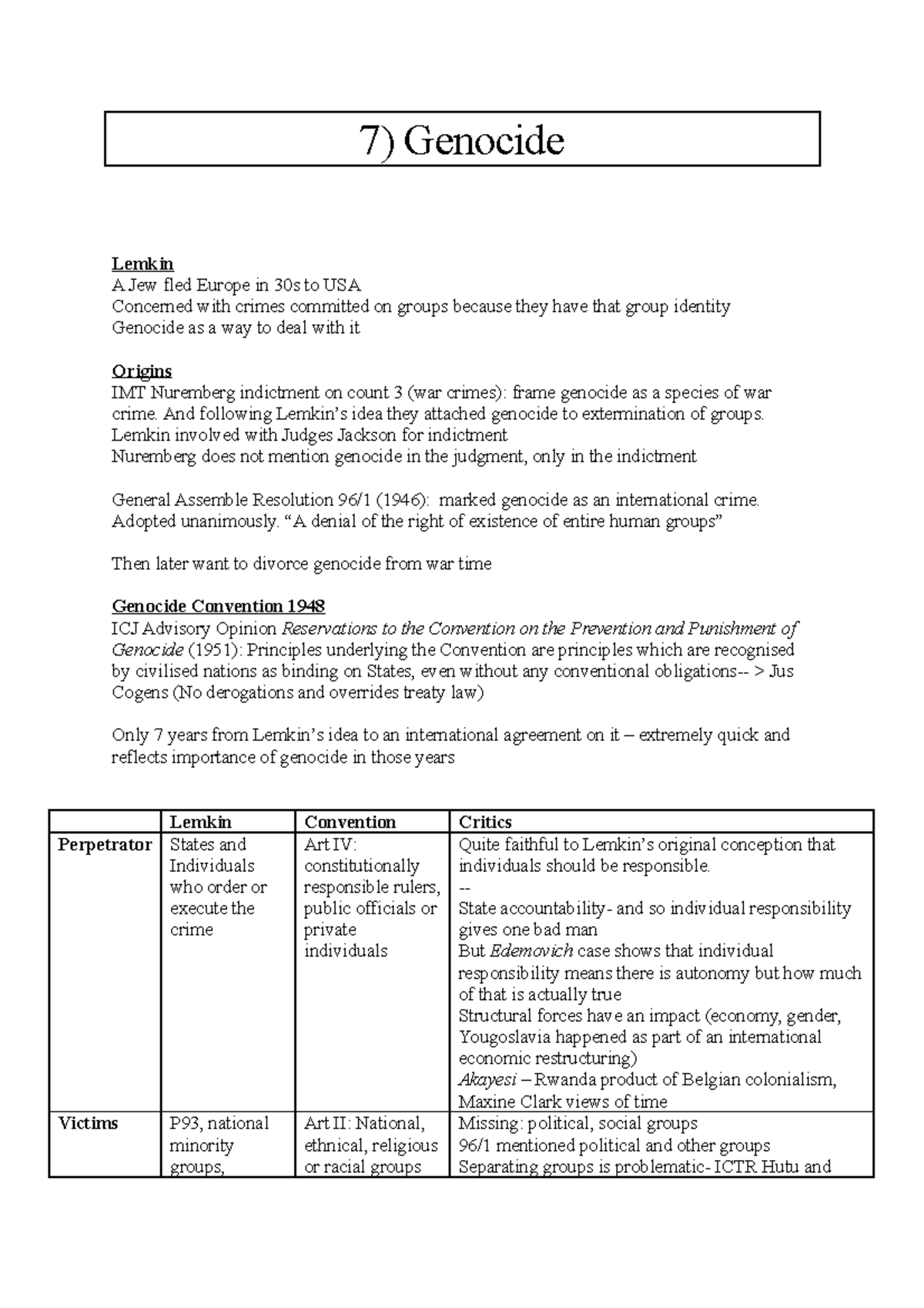 7) Genocide - Lecture notes 7 - 7) Genocide Lemkin A Jew fled Europe in ...