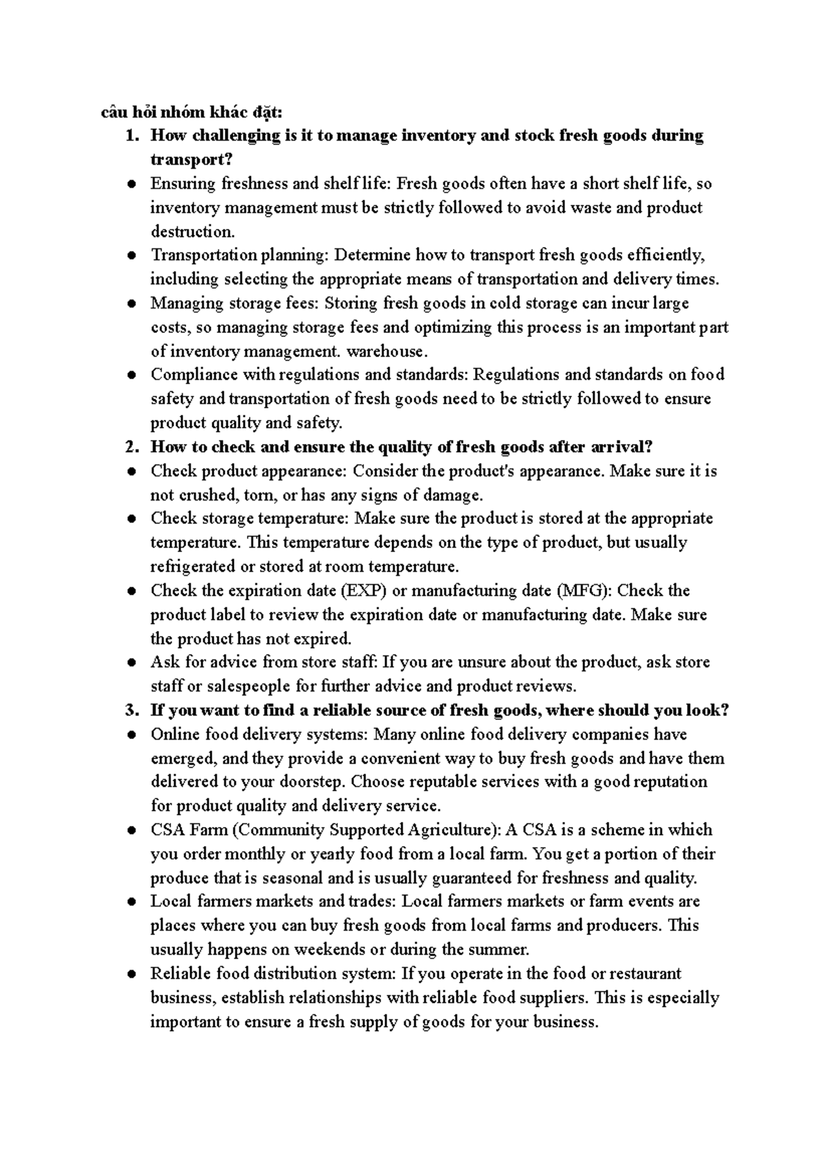 TACN UNIT 10 - Transporting Fresh Produce - câu hỏi nhóm khác đặt: 1 ...