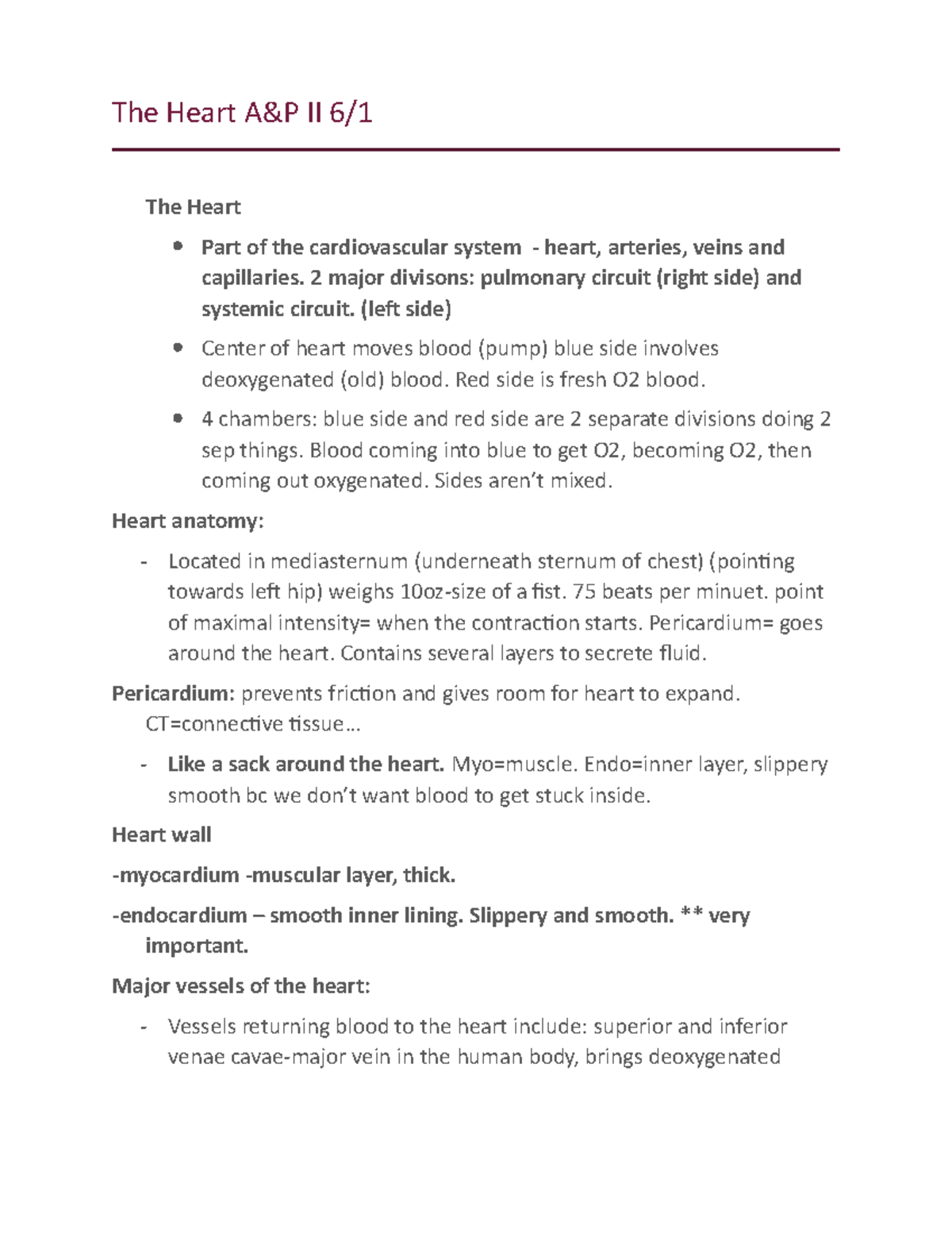 The Heart A - notes - The Heart A&P II 6/ The Heart Part of the ...