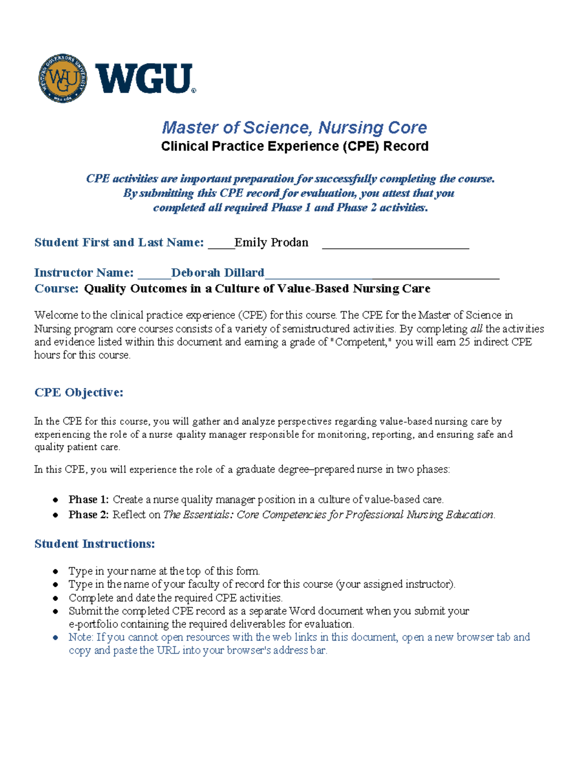 CPE Record D026 - Master of Science, Nursing Core Clinical Practice ...