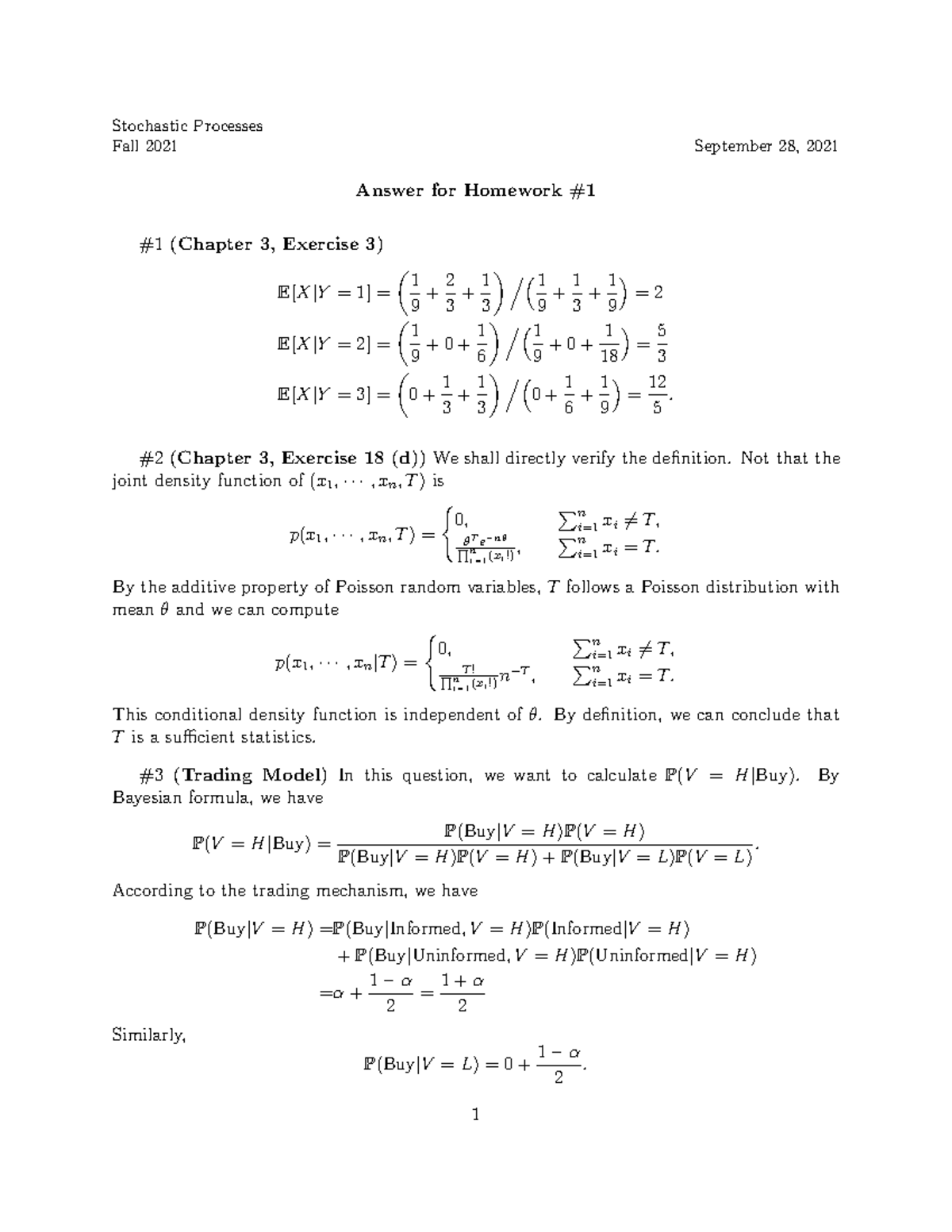 Home Work 1 solution - the homework in the stochastic processes field - Stochastic Processes ...