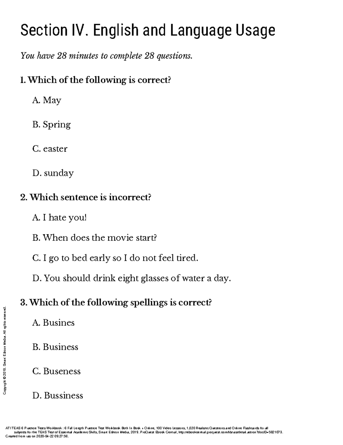 ATI TEAS 6 Practice Tests Workbook 6 Full Length P - Section IV ...