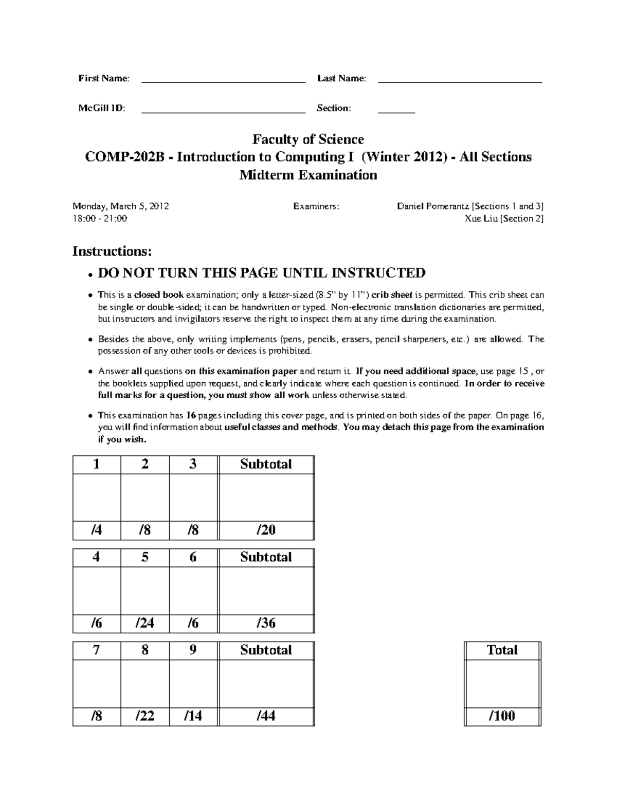 COMP 202 midterm exam 2012 03 solution - Cccs 300 - McGill - Studocu