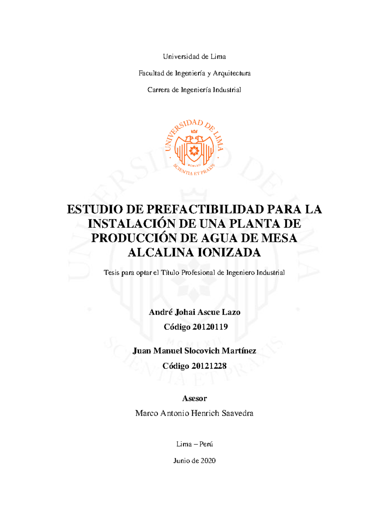 Estudio Prefac AGUA DE MESA Alcalina - Ulima - Universidad de Lima Facultad de Ingeniería y ...