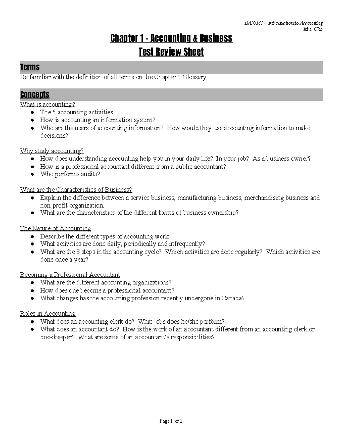 C1 C2 Review Sheet - Accounting - BAF3M1 – Introduction to Accounting ...