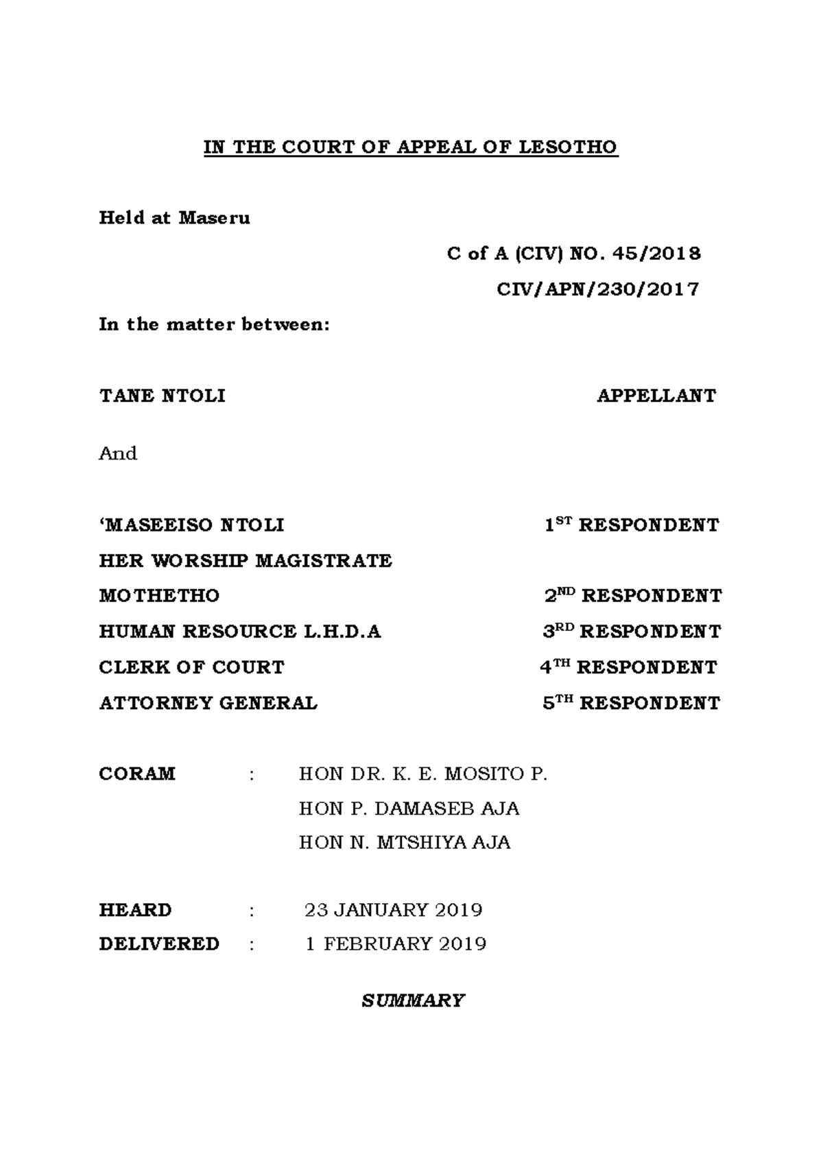 TANE Ntoli VS ' Maseeiso Ntoli - Maintenance - IN THE COURT OF APPEAL ...
