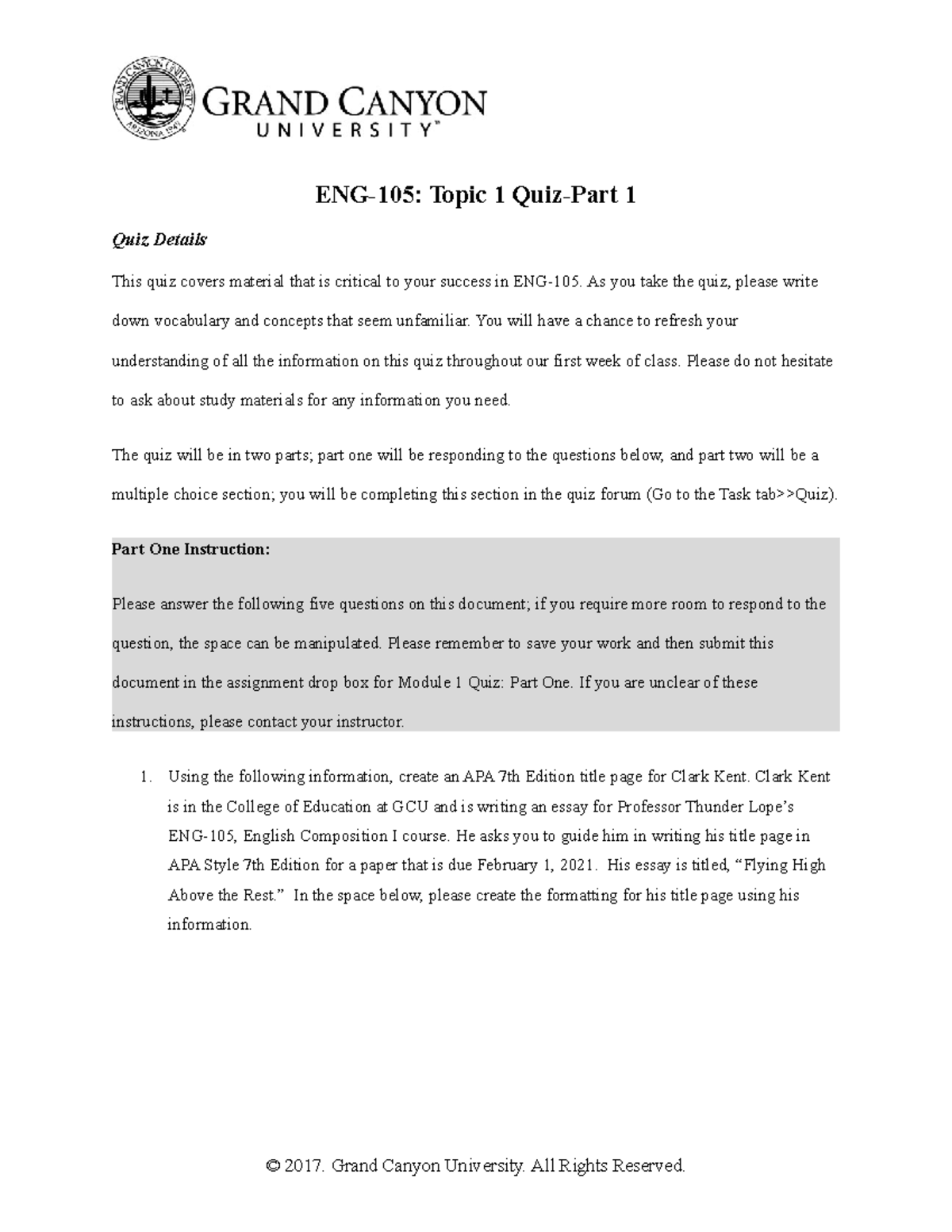 Topic 1 Quiz-Part 1 - ENG-105: Topic 1 Quiz-Part 1 Quiz Details This ...