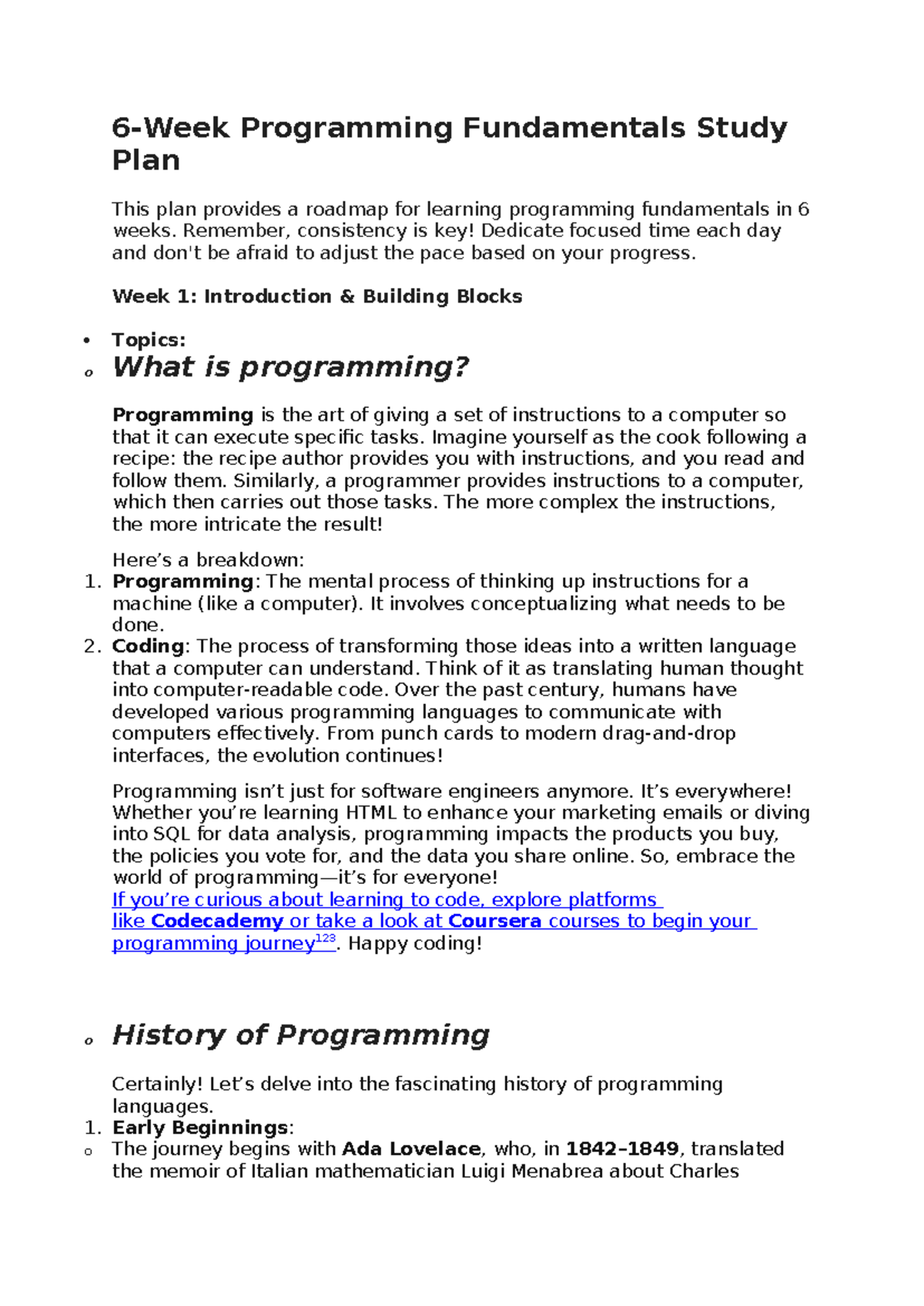 6 weeks program - 6-Week Programming Fundamentals Study Plan This plan provides a roadmap for ...