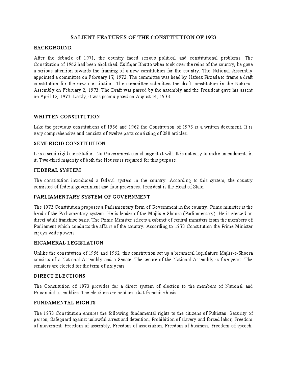 Pakistan Constitution 1973 Notes - SALIENT FEATURES OF THE CONSTITUTION ...