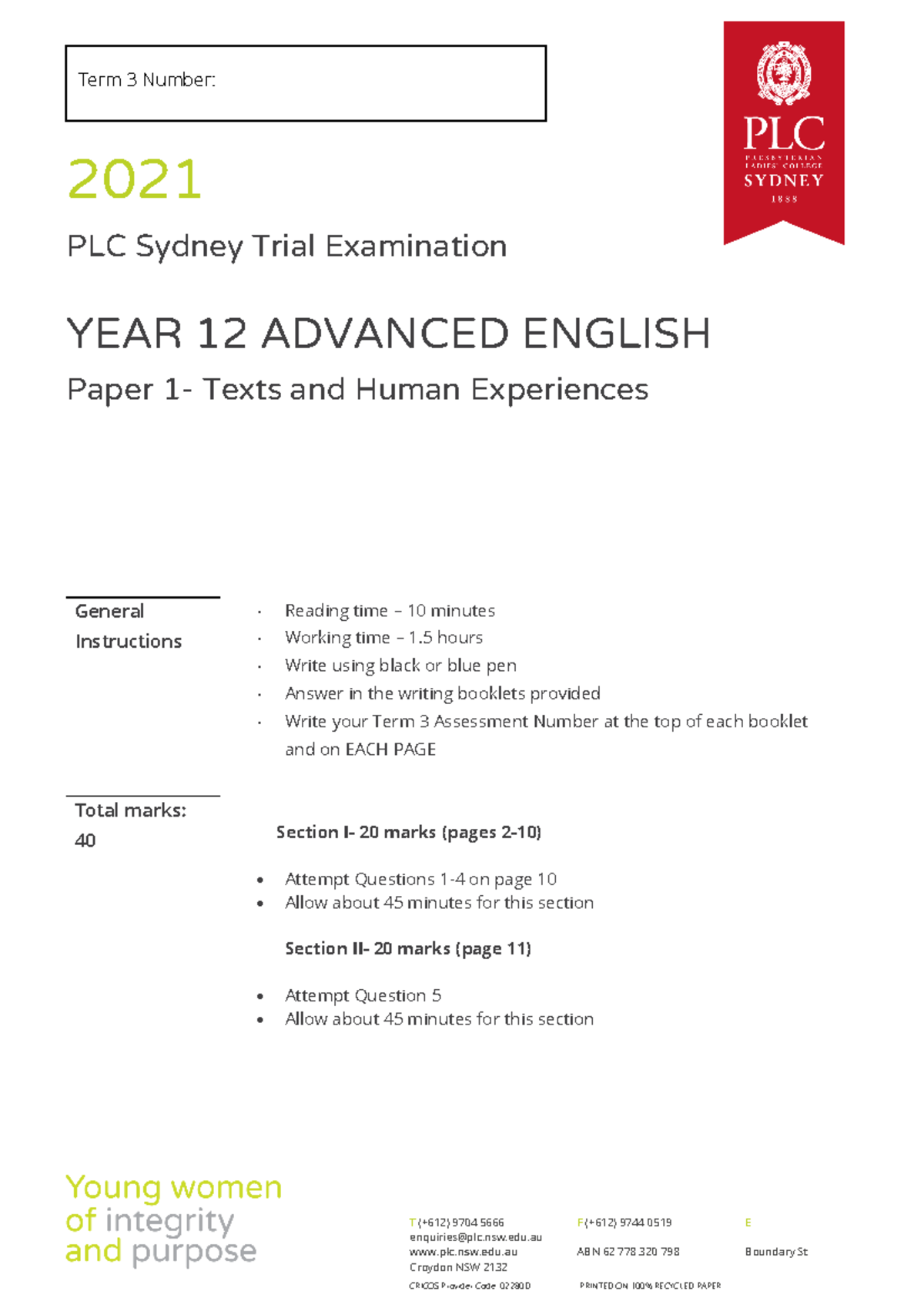 Presbyterian 2021 English Trial Paper 1 - T (+612) 9704 5666 F (+612 ...