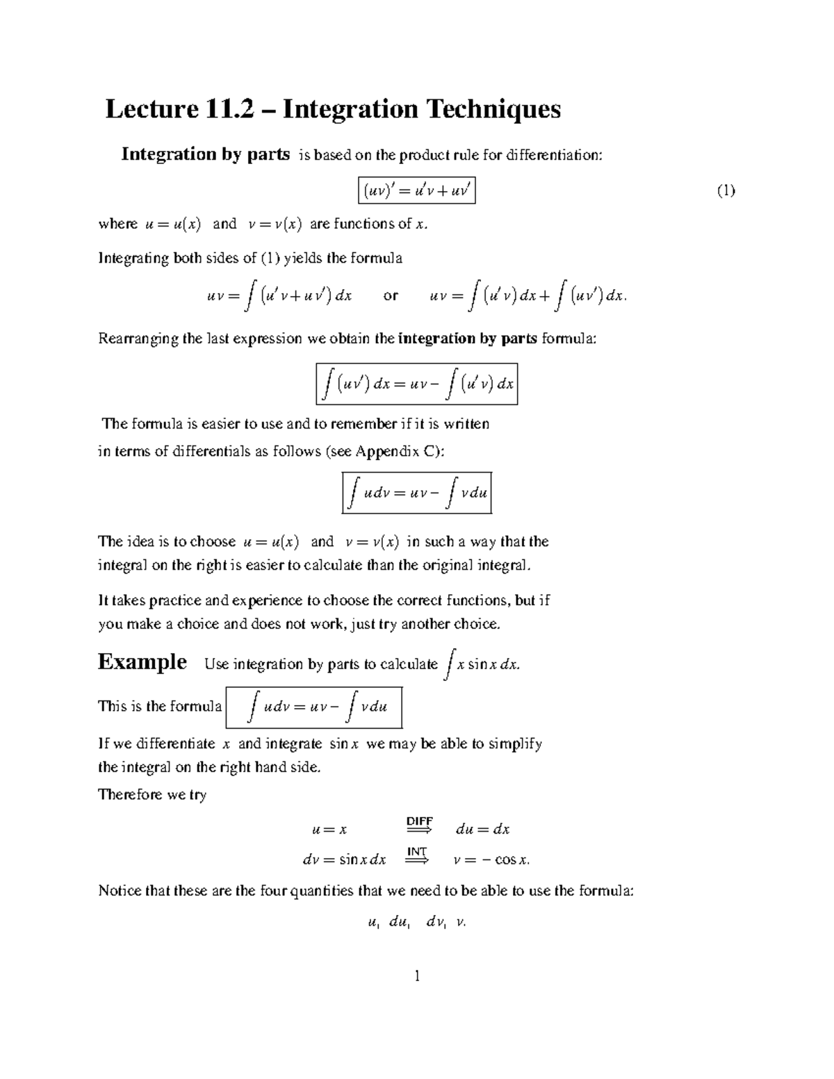 Lecture Summary 11 - Lecture 11 – Integration Techniques Integration by ...
