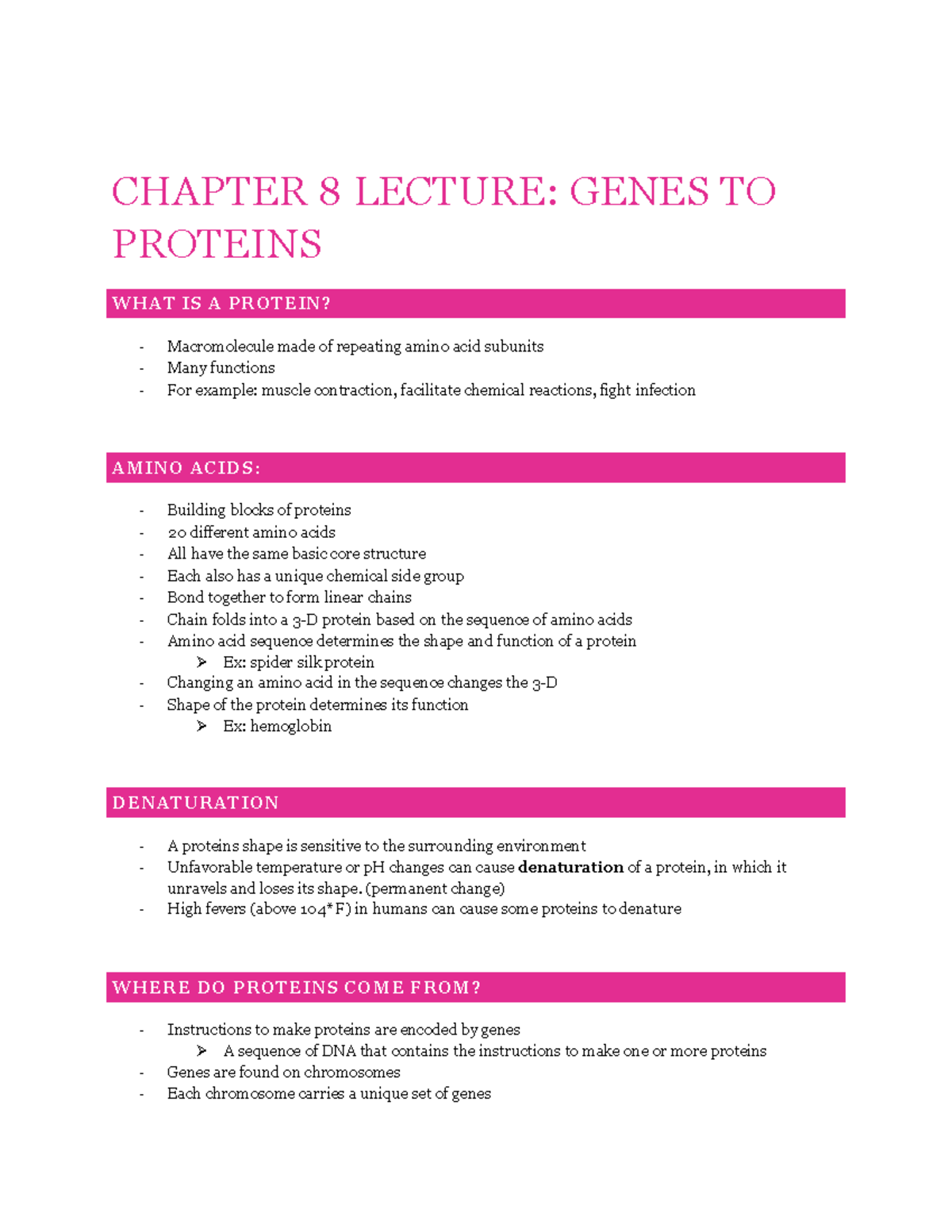 Biology Chapter 8 - CHAPTER 8 LECTURE: GENES TO PROTEINS WHAT IS A ...