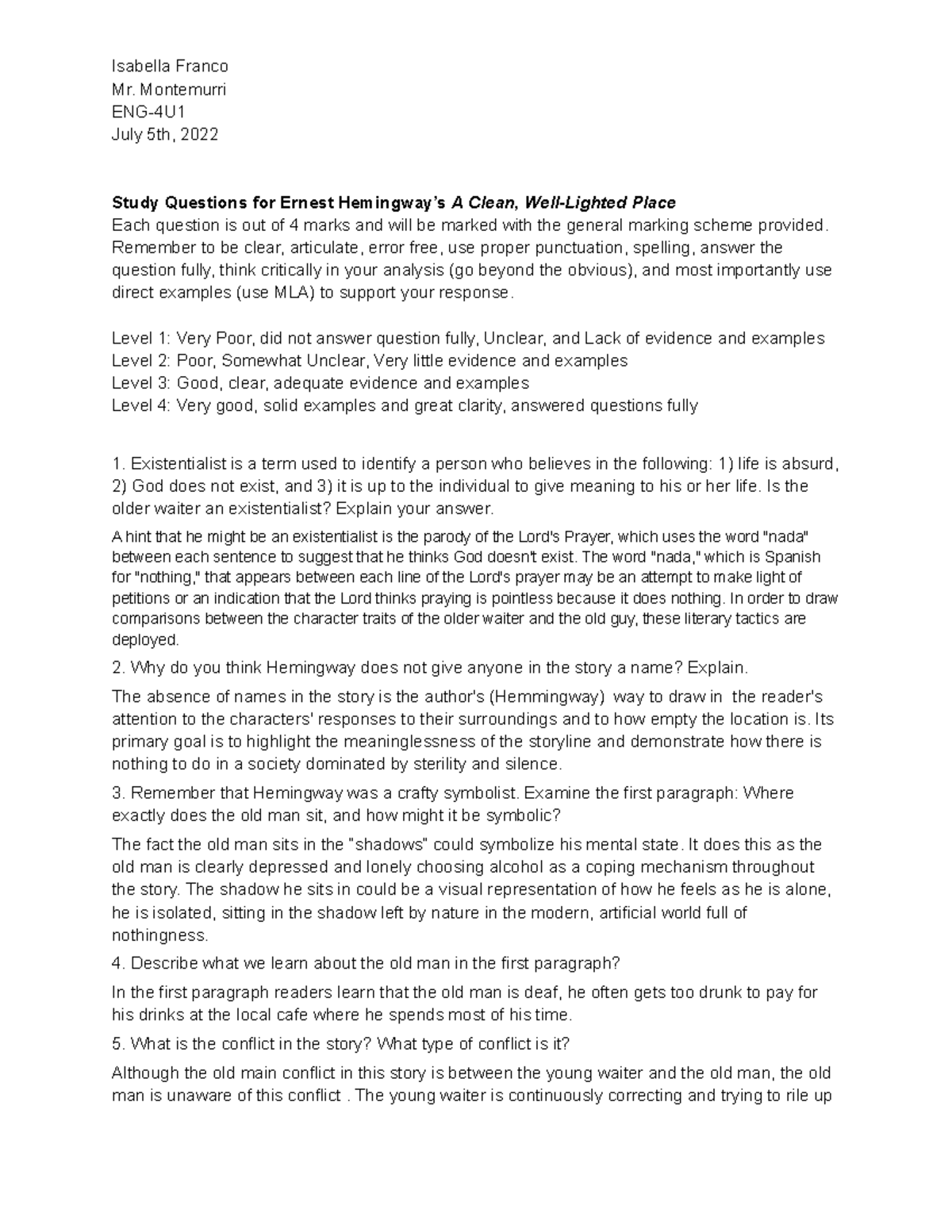 Ernest Hemingway’s A Clean, Well-Lighted Place - Isabella Franco Mr ...