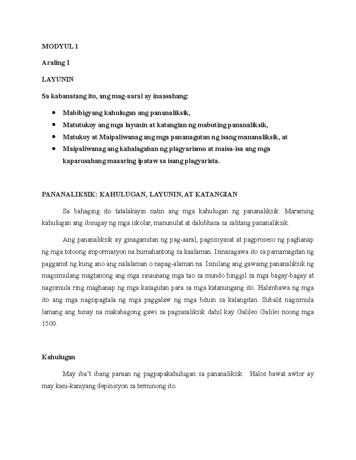Modyul 1 - PANANALIKSIK: KAHULUGAN, LAYUNIN, AT KATANGIAN Sa bahaging ...