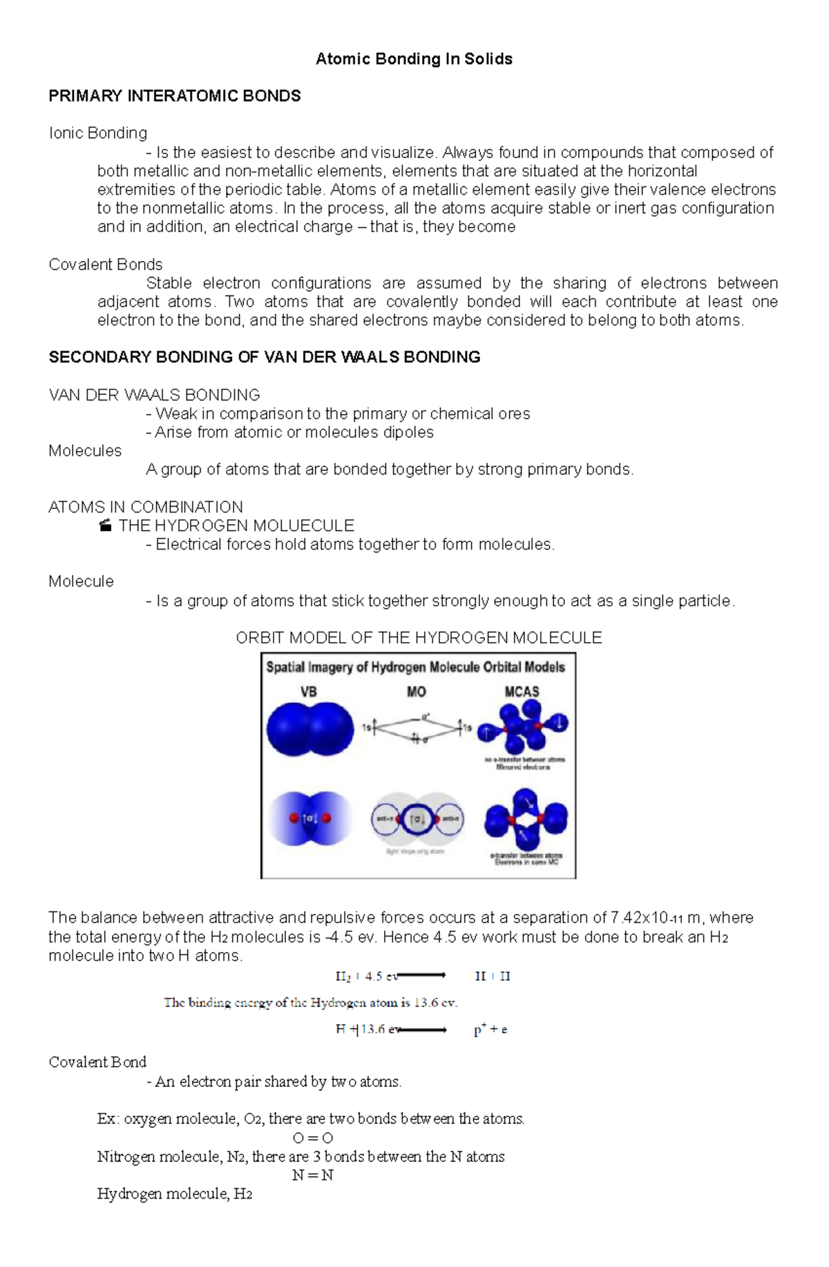 Atomic Bonding In Solids Atomic Bonding In Solids Primary Interatomic