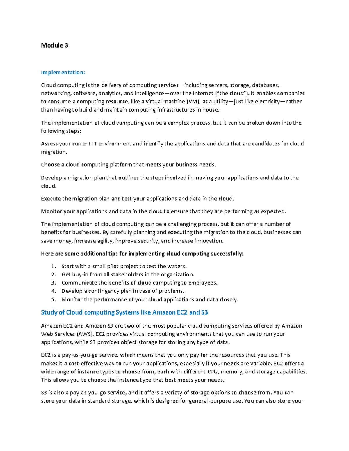 Module -3 Implementation - Module 3 Implementation: Cloud computing is ...