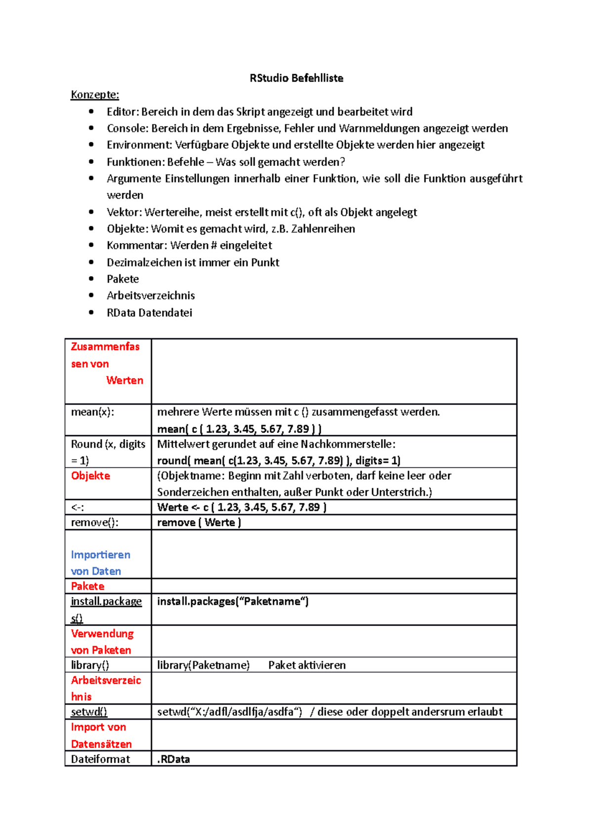 R Studio alle Befehle für die Klausur - RStudio Befehlliste Konzepte ...