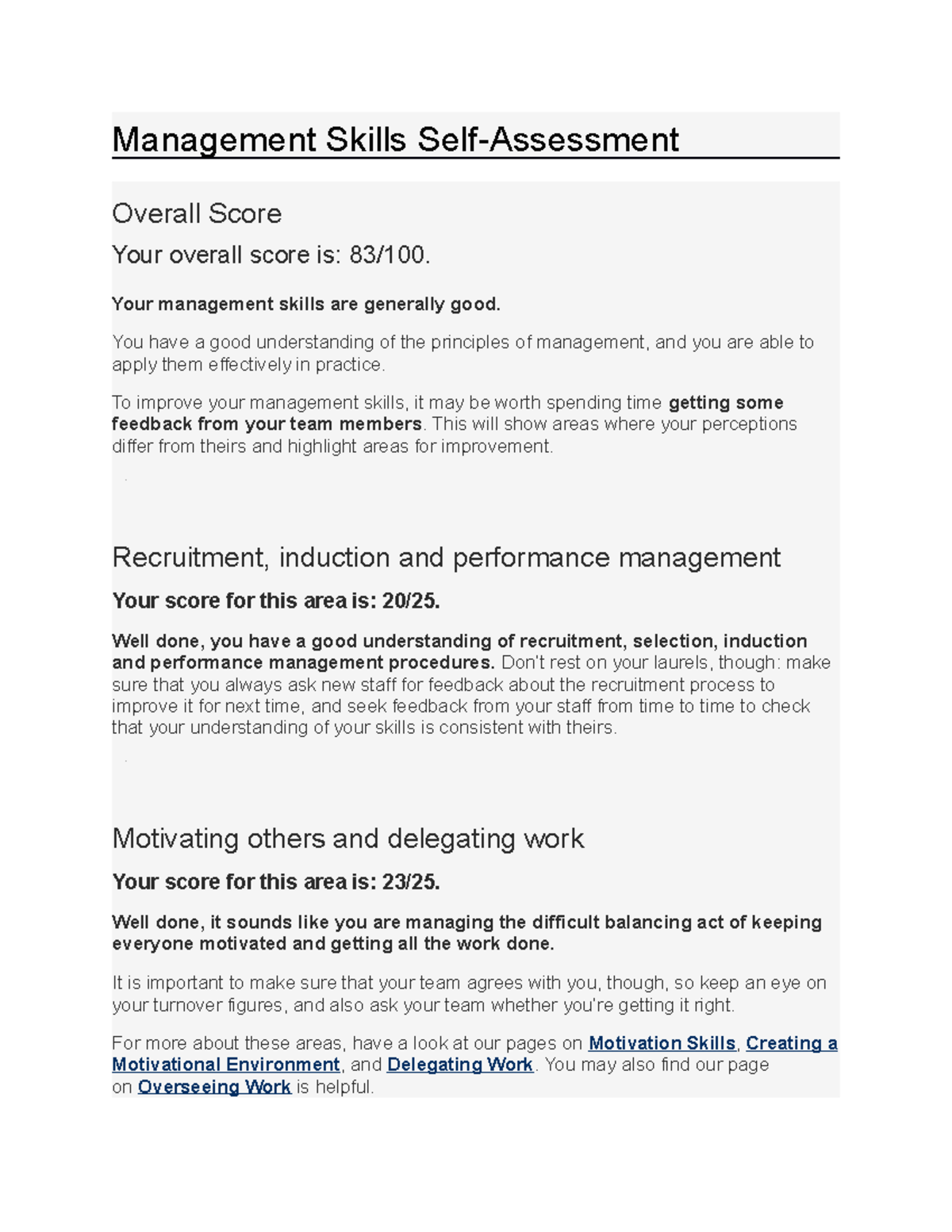 Management Skills Self - Management Skills Self-Assessment Overall ...
