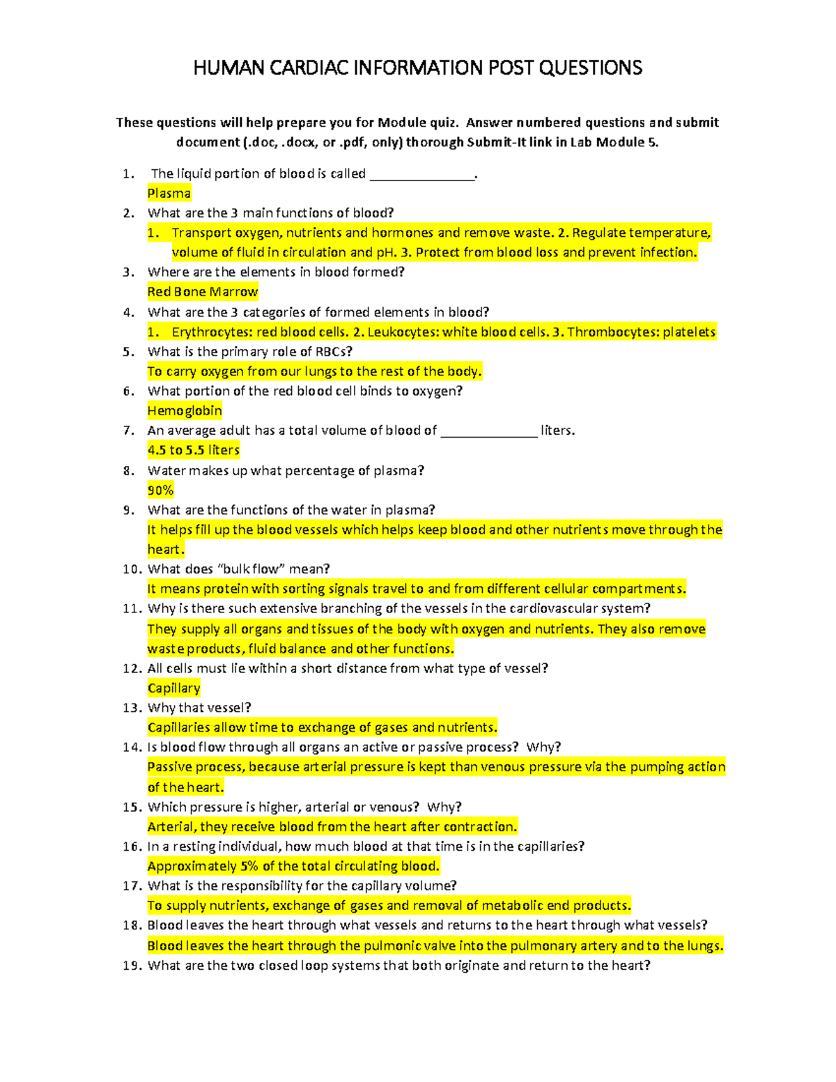 Human cardiac information post questions - HUMAN CARDIAC INFORMATION ...