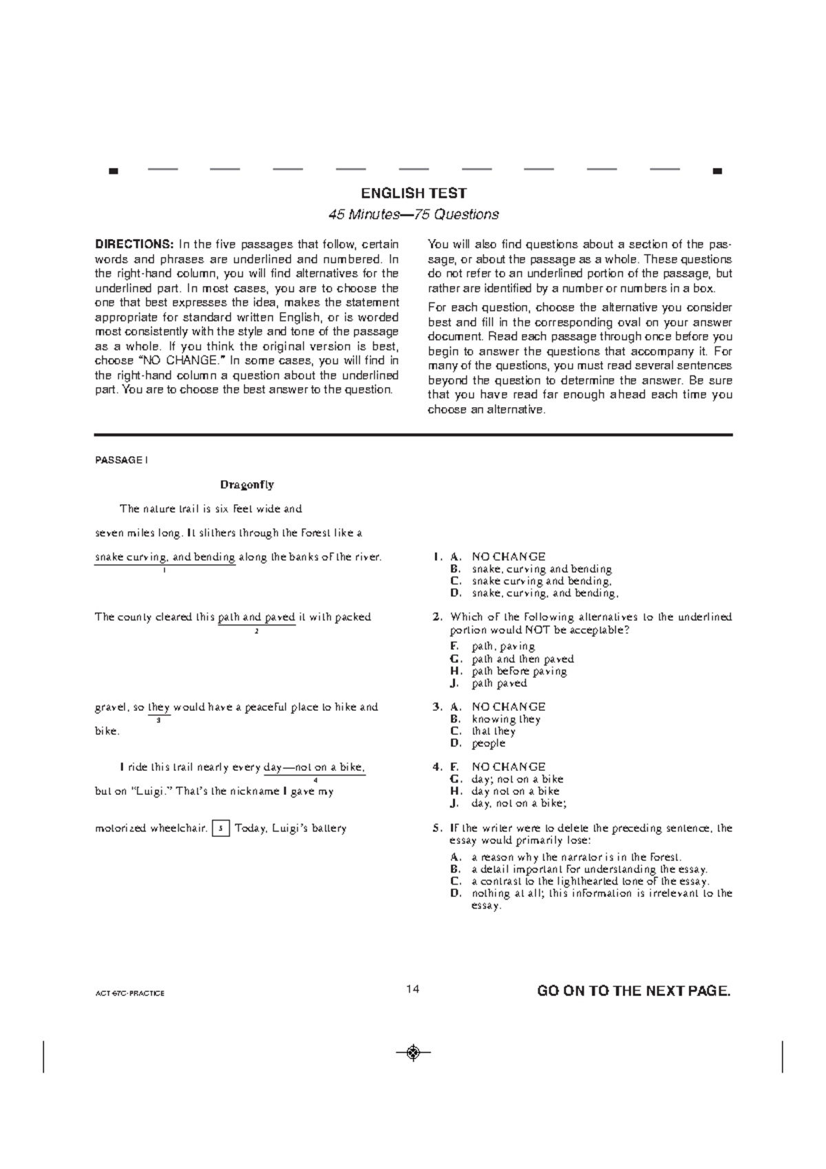 01 ENG ACT - Practice poop - PASSAGE I Dragonfly The nature trail is ...