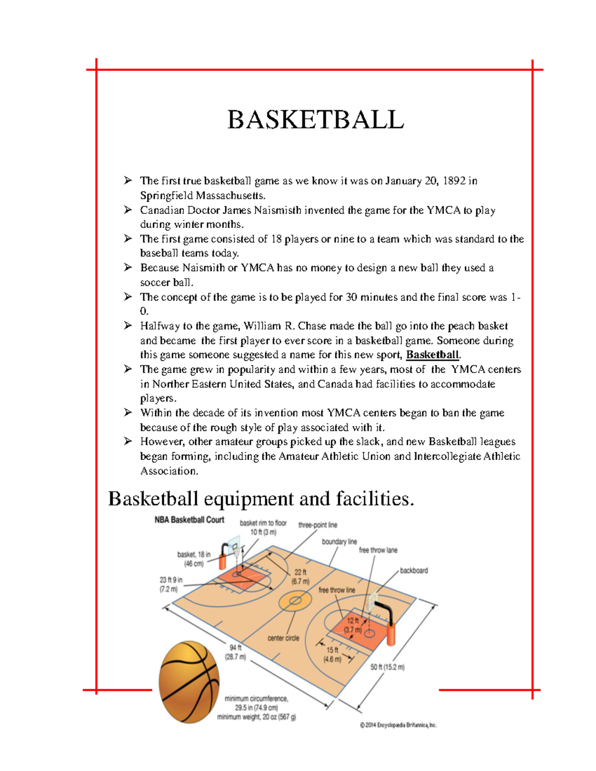 Module-PE-104 - pe notes - BASKETBALL The first true basketball game as ...