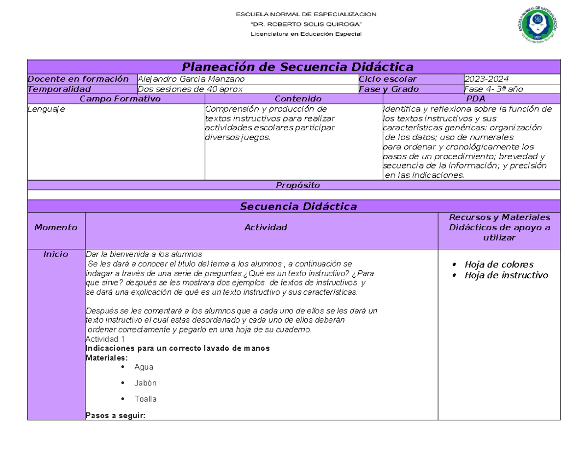 Formato Secuencia Didactica Reparado Planeación De Secuencia