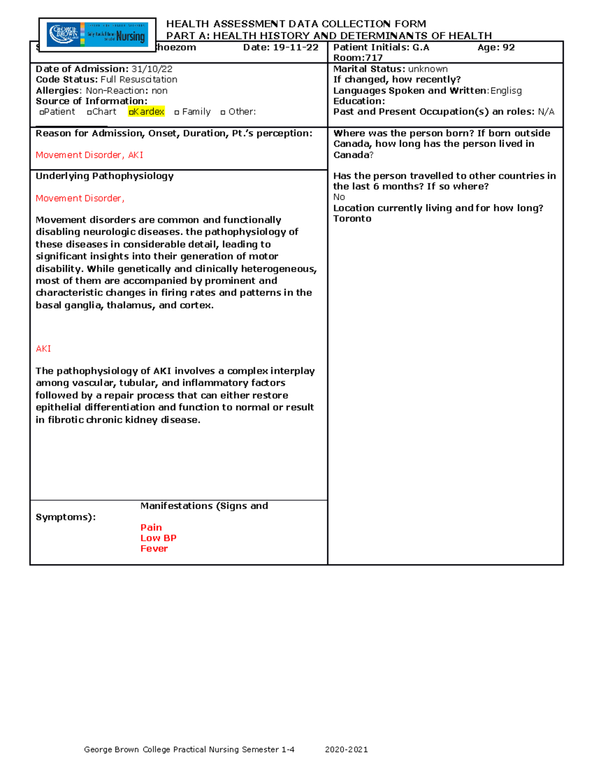 PN Health Assessment DATA Collection FORM careplan 2 - HEALTH ...