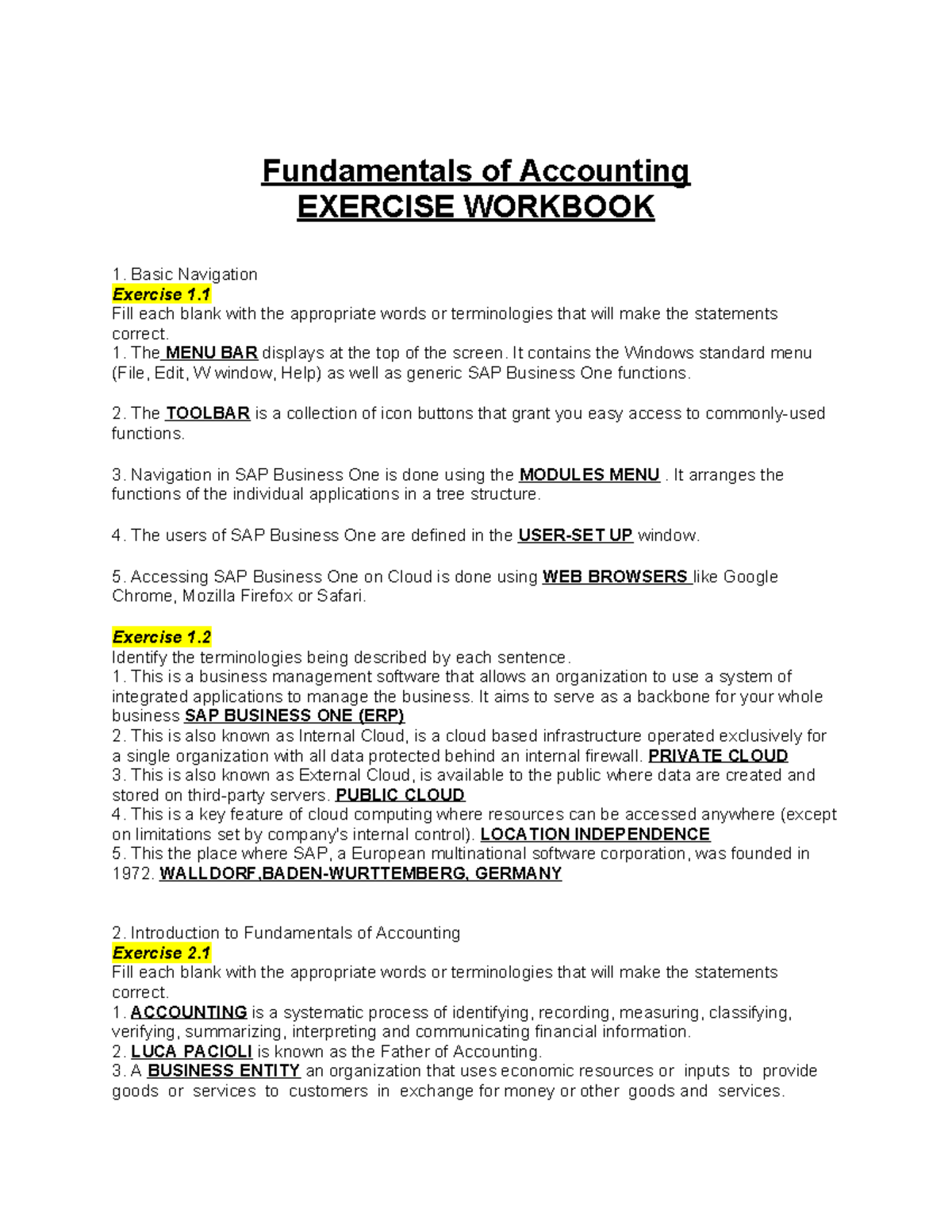 Pdfcoffee - N/A - Fundamentals of Accounting EXERCISE WORKBOOK Basic Navigation Exercise 1. Fill ...