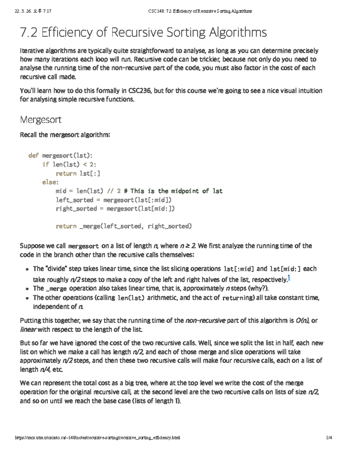 7 - this is a reading material - 7 Efficiency of Recursive Sorting ...