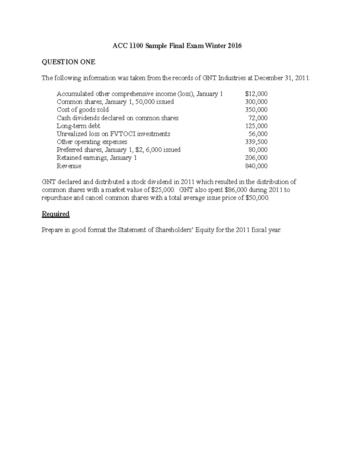 Winter 2016 - Accounting 1100 Sample Final - ACC 1100 Sample Final Exam ...