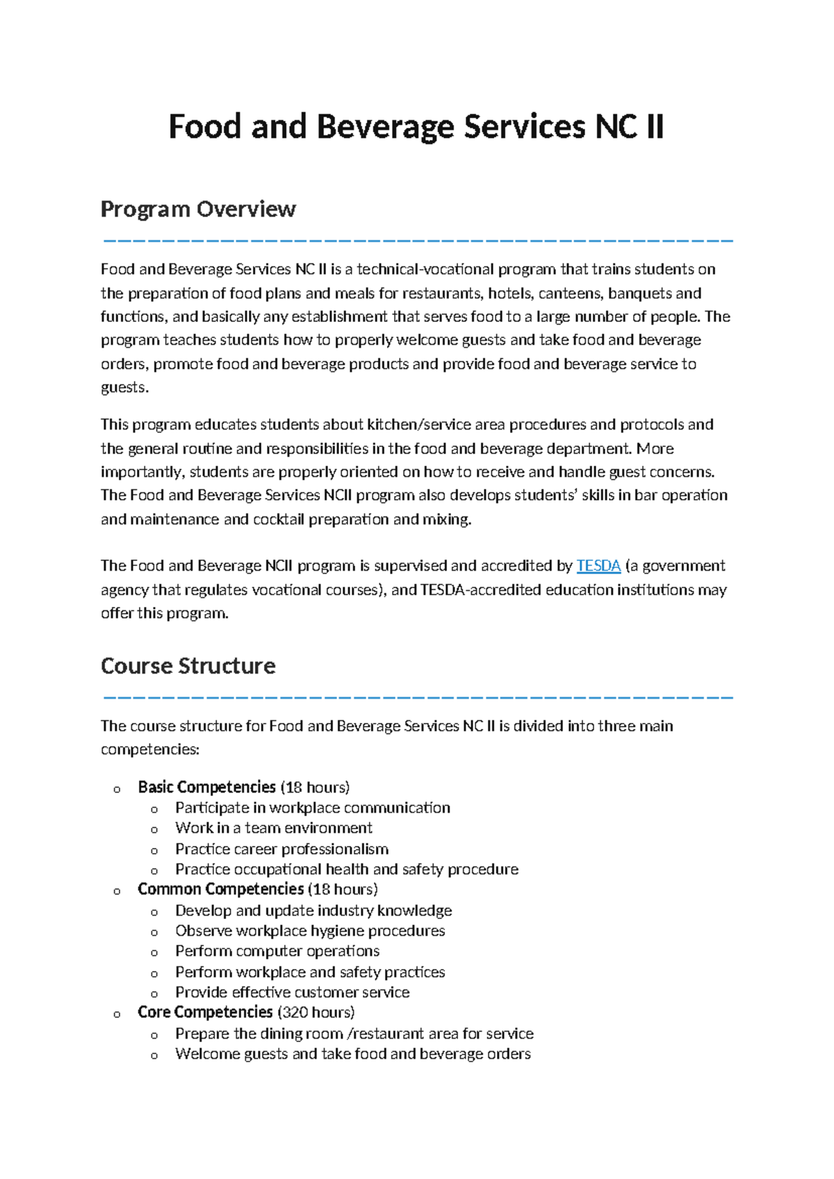 Food and Beverage Services NC II - Food and Beverage Services NC II ...