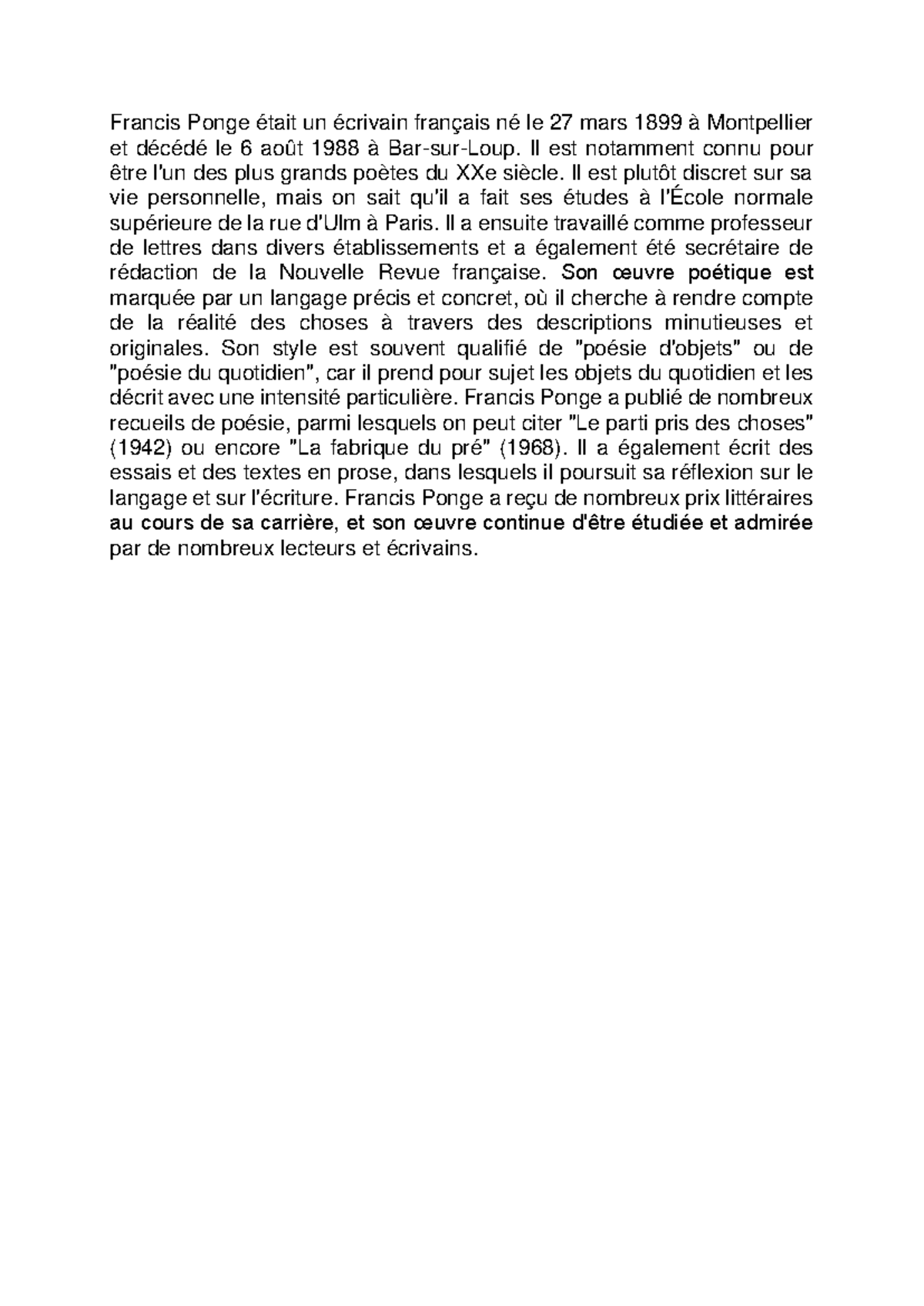 Petite Biographie de Francis Ponge - Francis Ponge était un écrivain ...