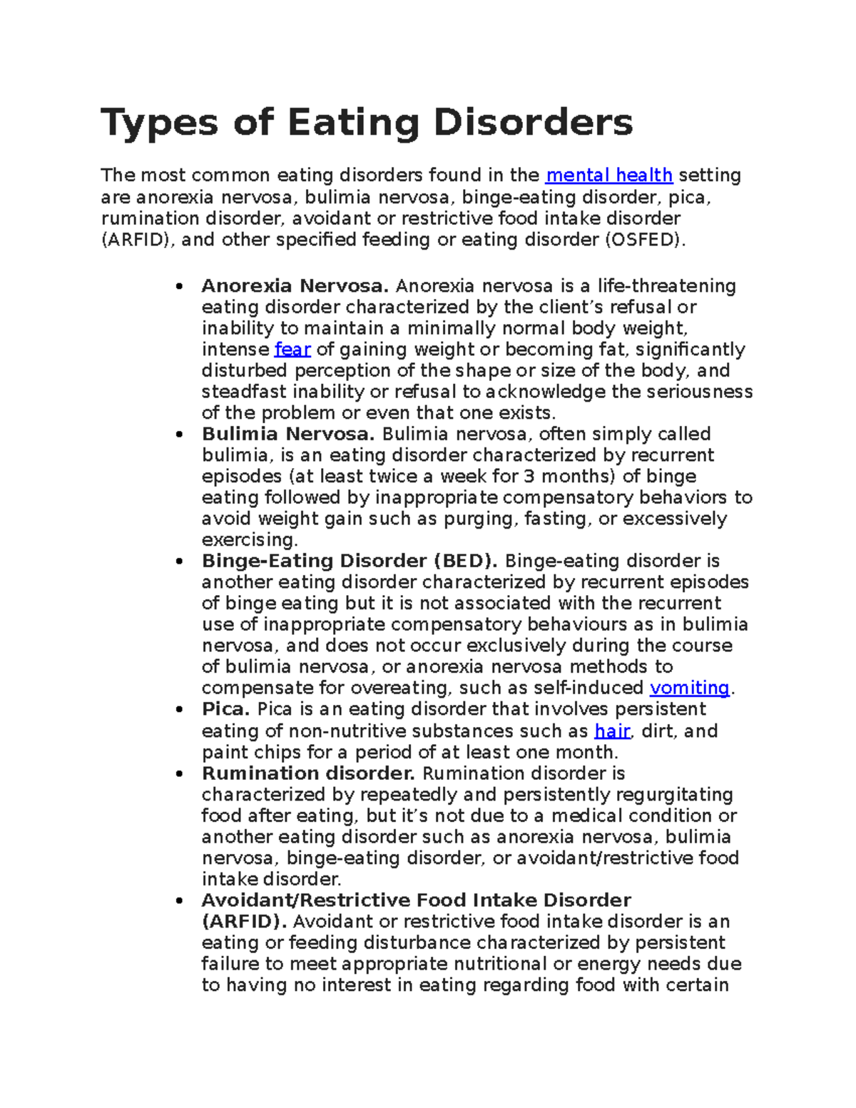 Types of Eating Disorders - Anorexia Nervosa. Anorexia nervosa is a ...