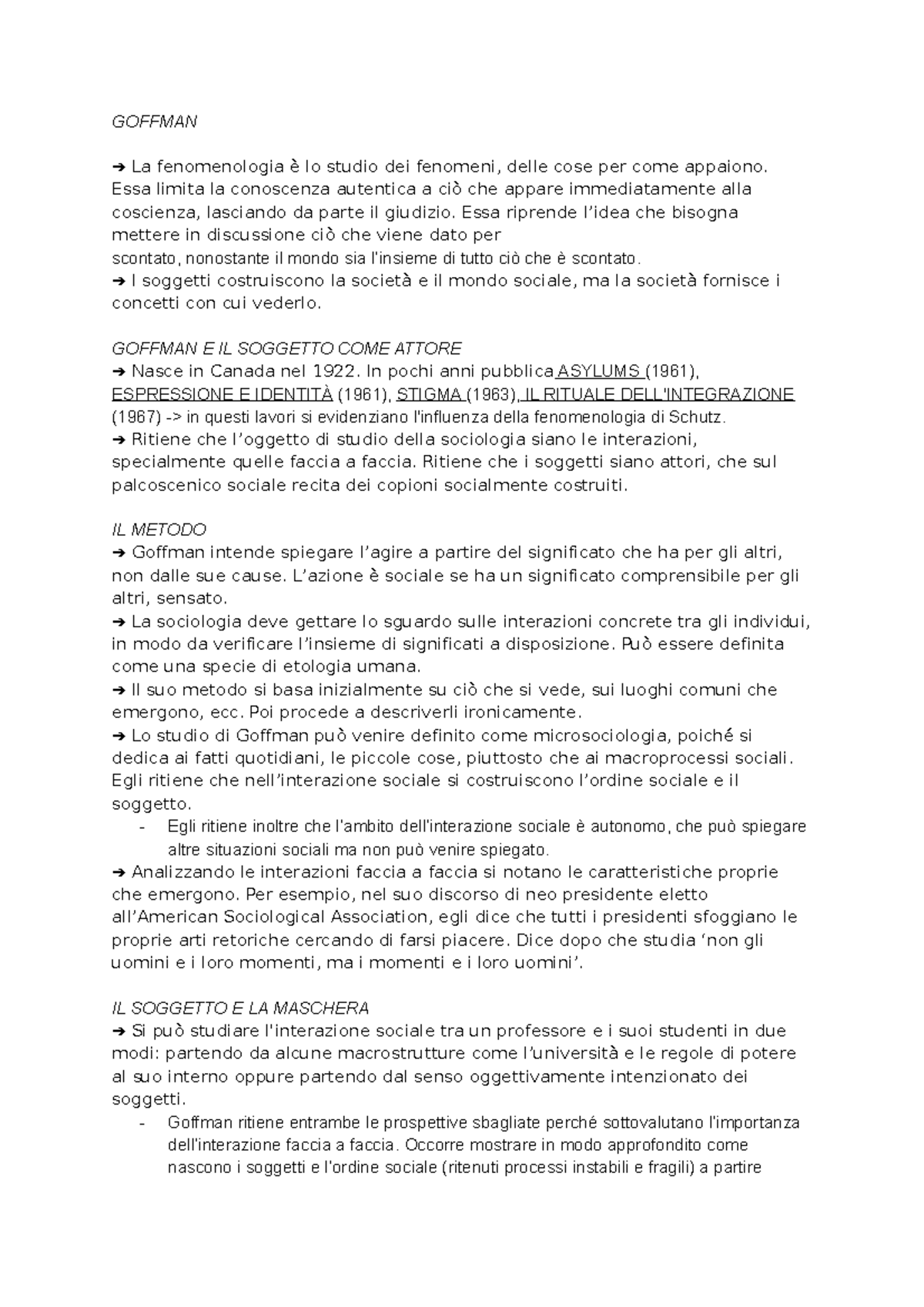 Goffman - riassunto sociologia libro +lezioni dell'autore sopraindicato ...