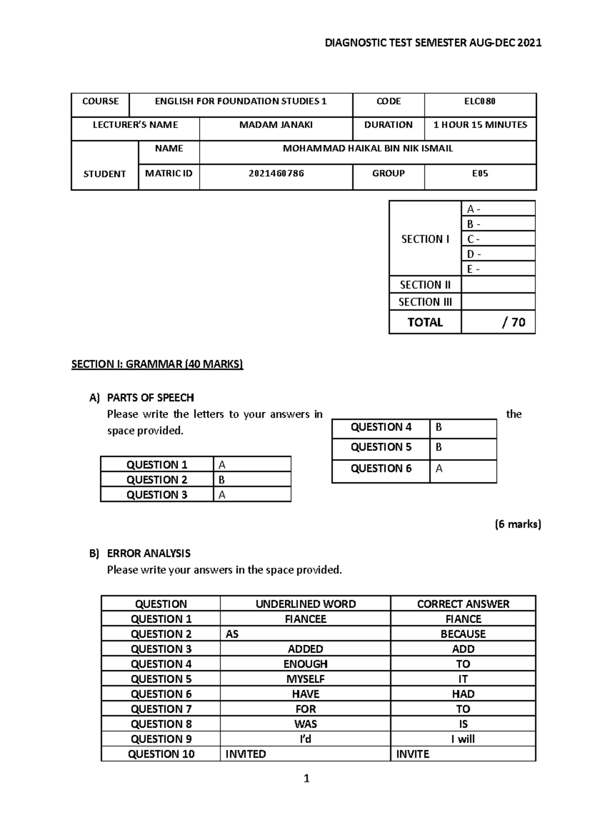 Diagnostic English Test - Answer Template - COURSE ENGLISH FOR ...