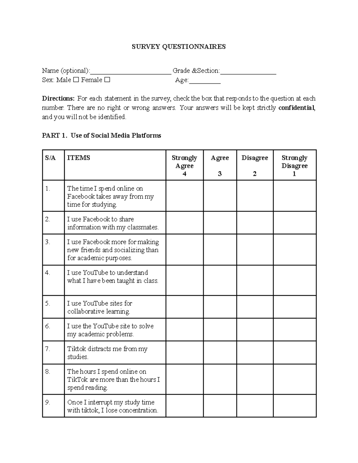 Survey Questionnaire (group 13) - SURVEY QUESTIONNAIRES Name (optional