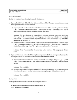P1sol - Solutions to the prelim exam - CS 4820 Intro Analysis of Algorithms Spring 2018 Prelim 1 ...