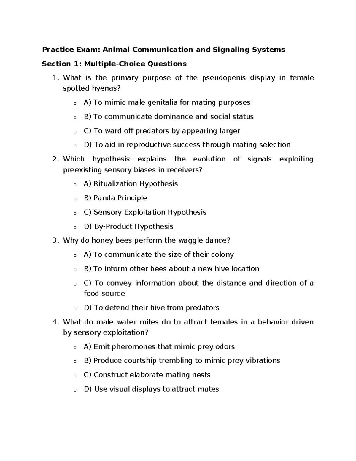 Practice Exam Ch. 8 - Practice Exam: Animal Communication and Signaling ...