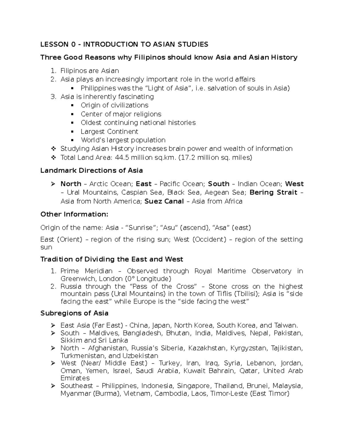 Asian Studies Module 1 - LESSON 0 - INTRODUCTION TO ASIAN STUDIES Three ...