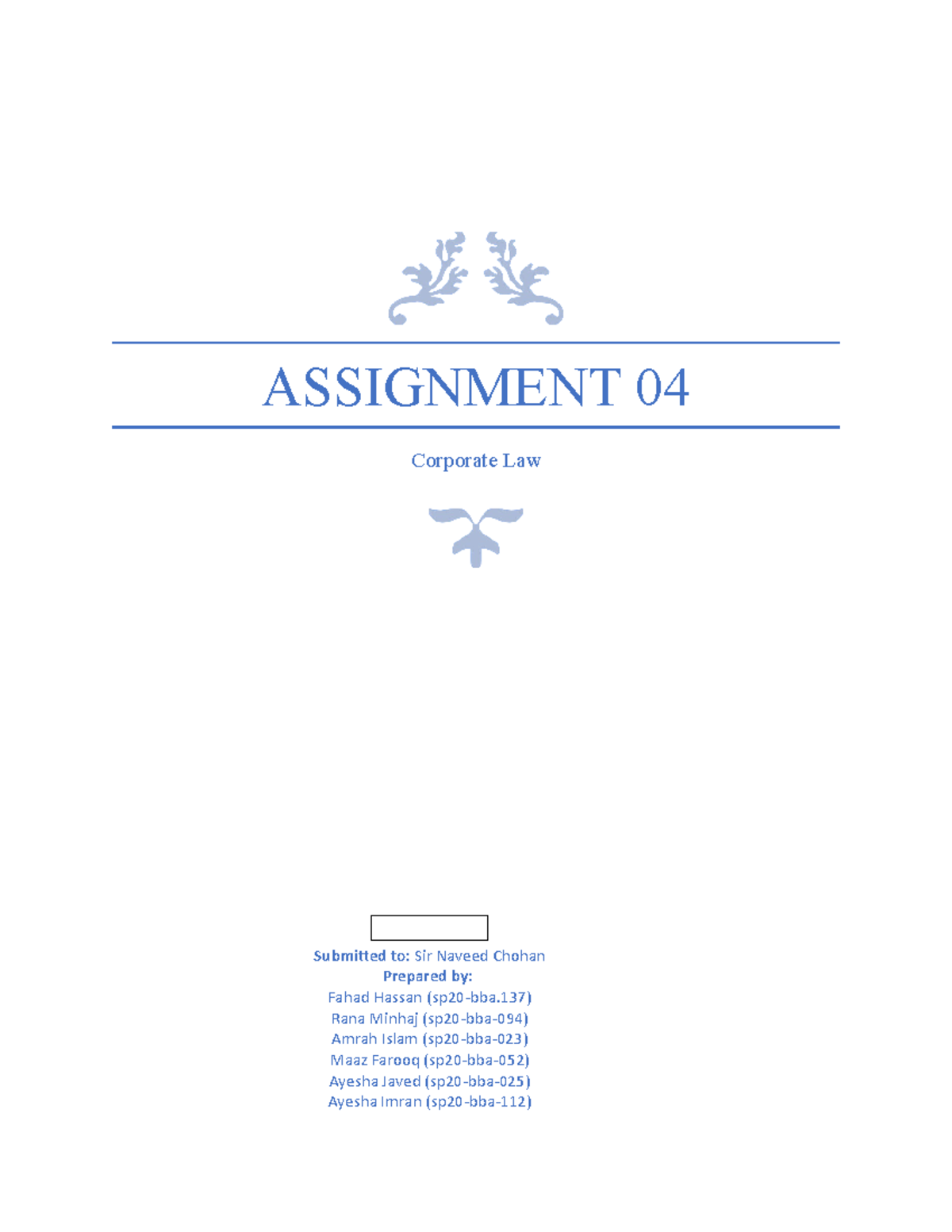 Assignment 04 - oioio - Corporate Law - CUI - Studocu