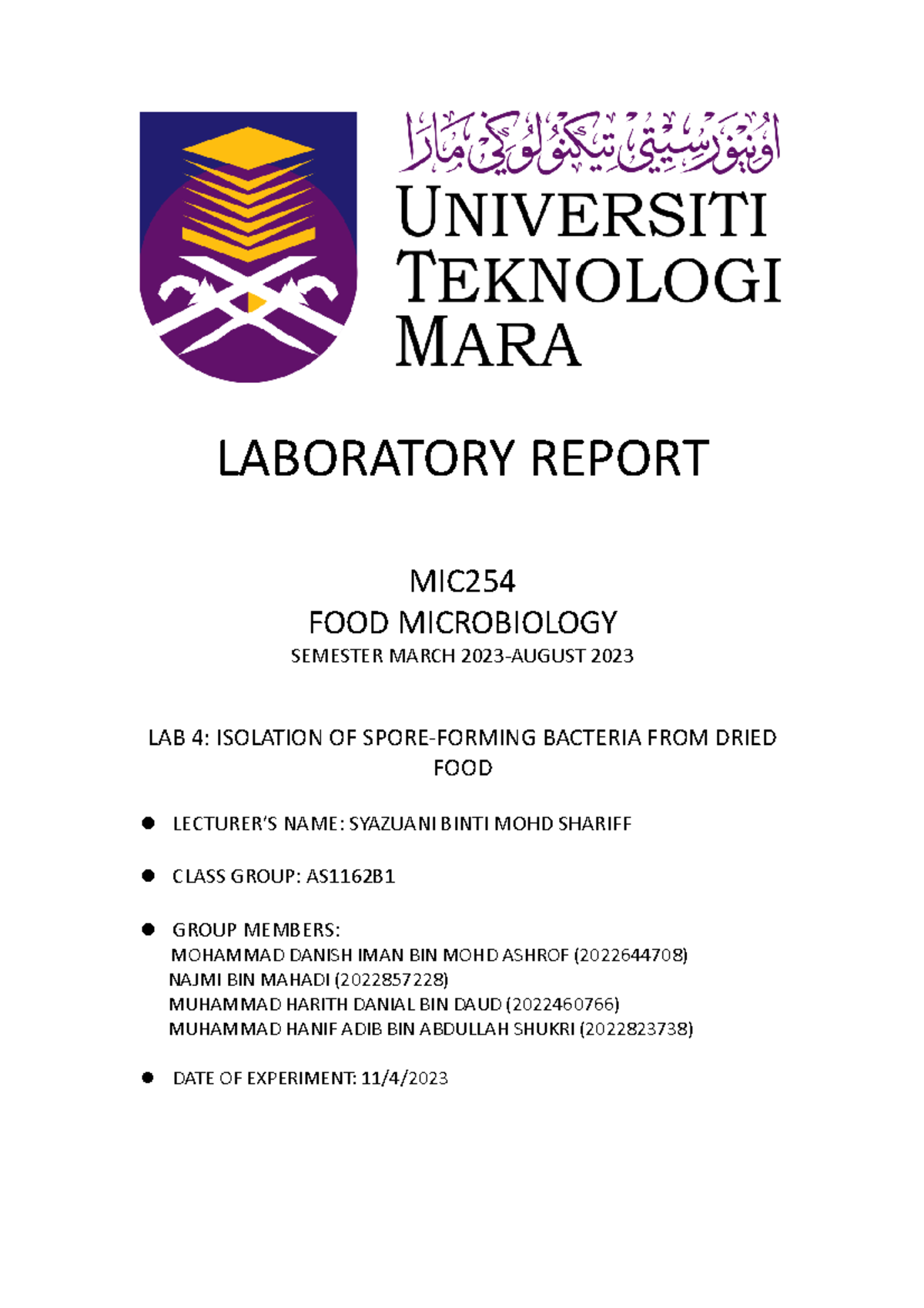 MIC254 isolation of spore-forming bacteria from dried food - LABORATORY ...