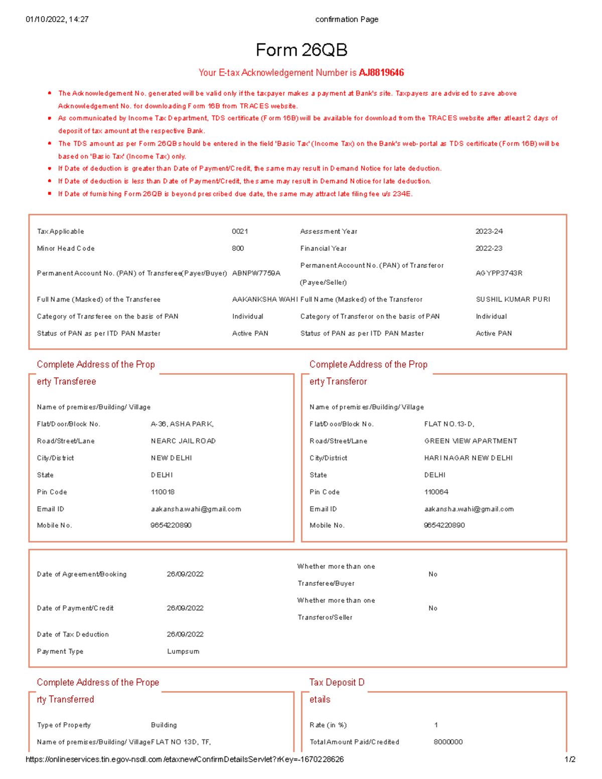 FORM 26QB - pfa - 01/10/2022, 14:27 confirmation Page - Studocu