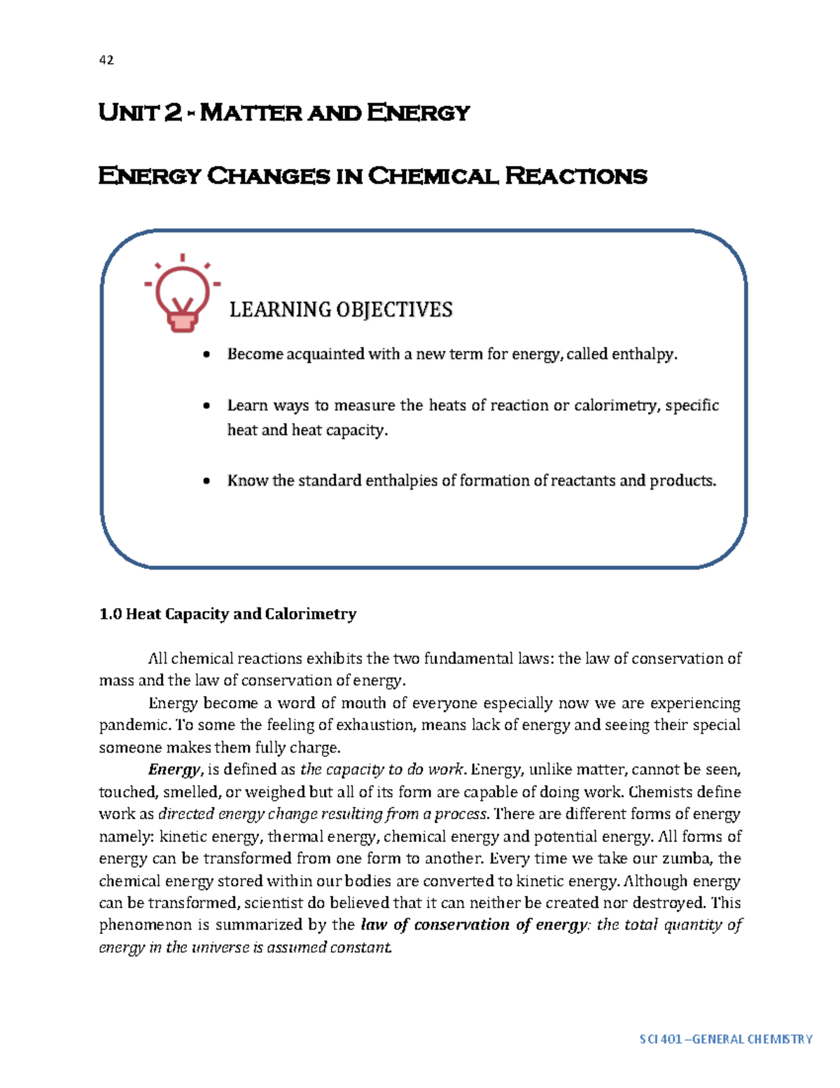 Lecture 3 Energy Changes in Chemical Reactions - SCI 401 –GENERAL ...