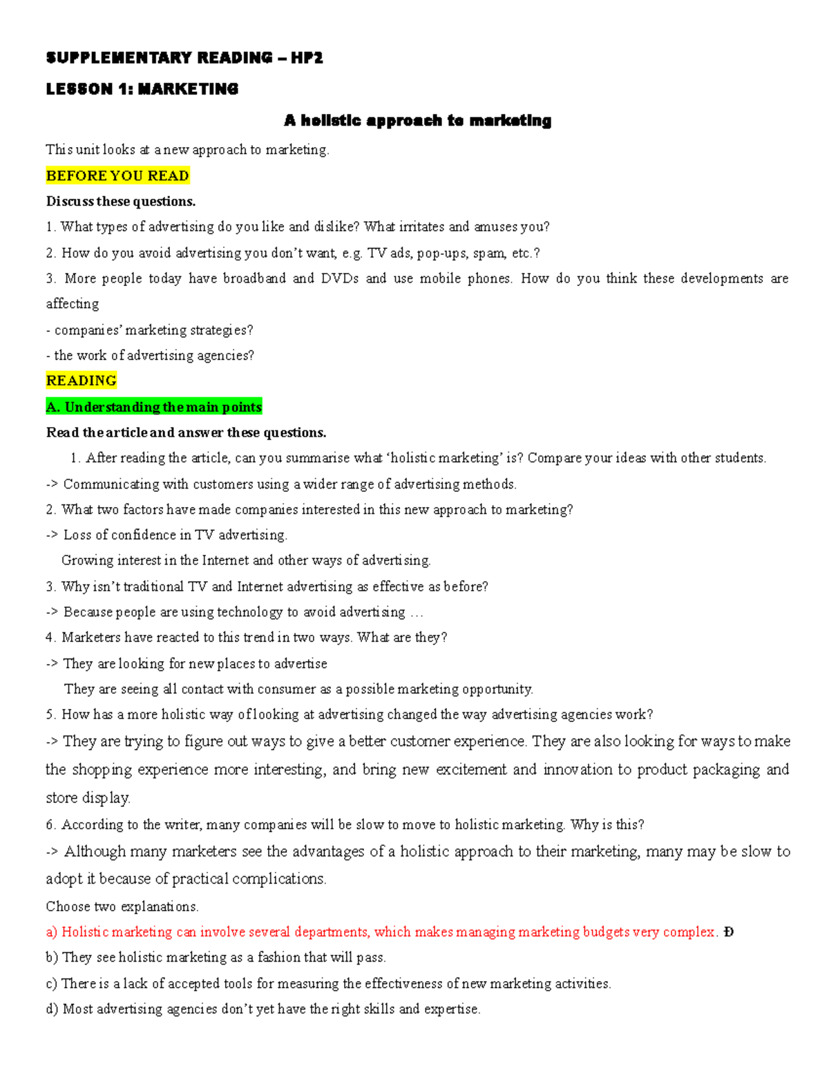 Supplementary Reading - HP2 - SUPPLEMENTARY READING – HP 2 LESSON 1 ...