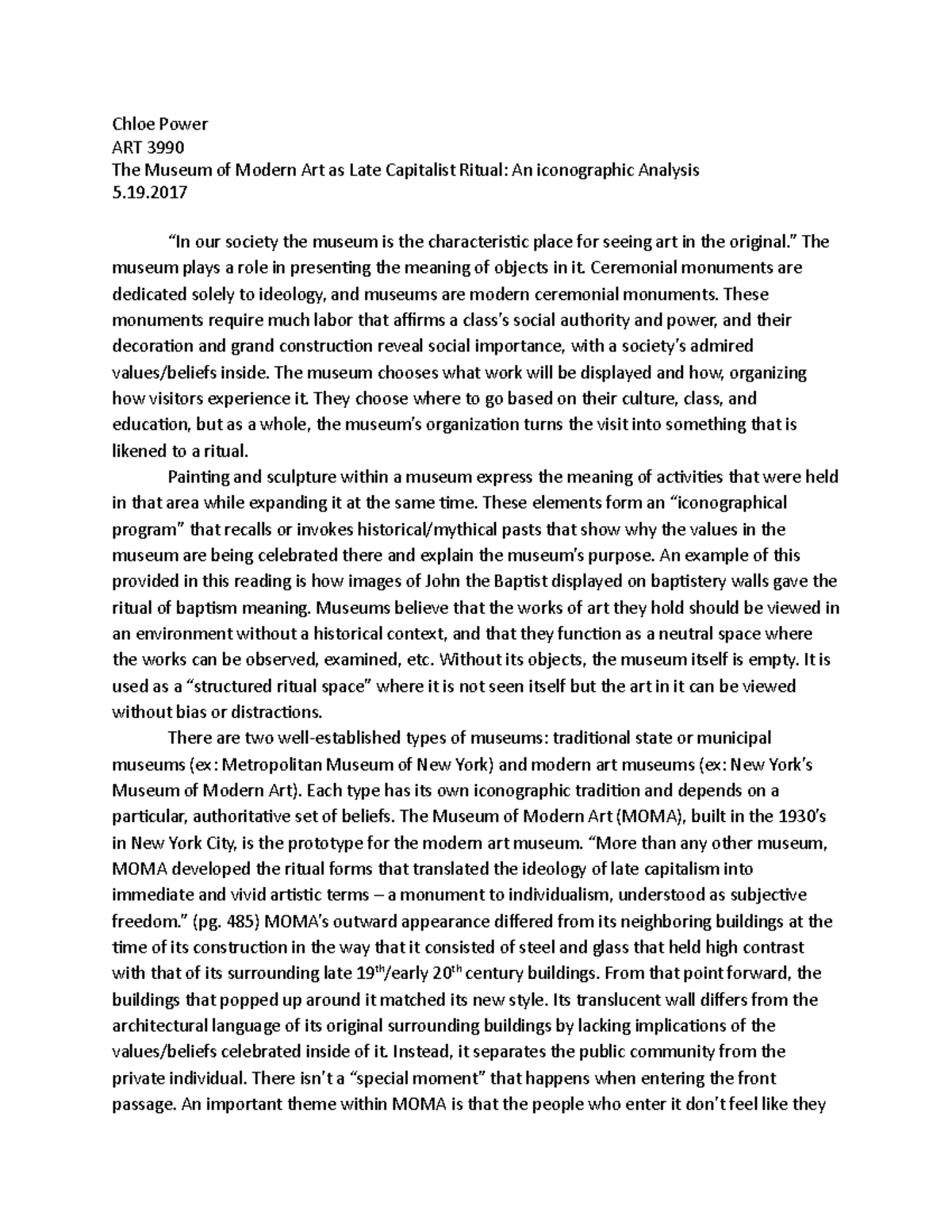 Chloe Power Essay 2 - A - Chloe Power ART 3990 The Museum of Modern Art ...