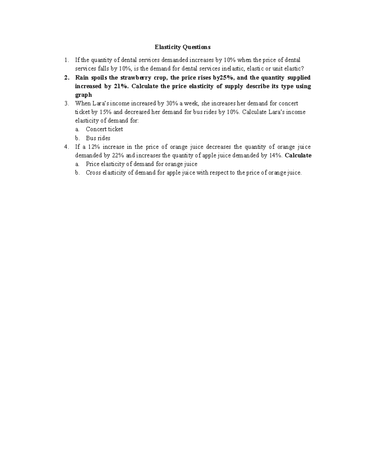 Elasticity Questions - Calculate the price elasticity of supply describe its type using graph ...